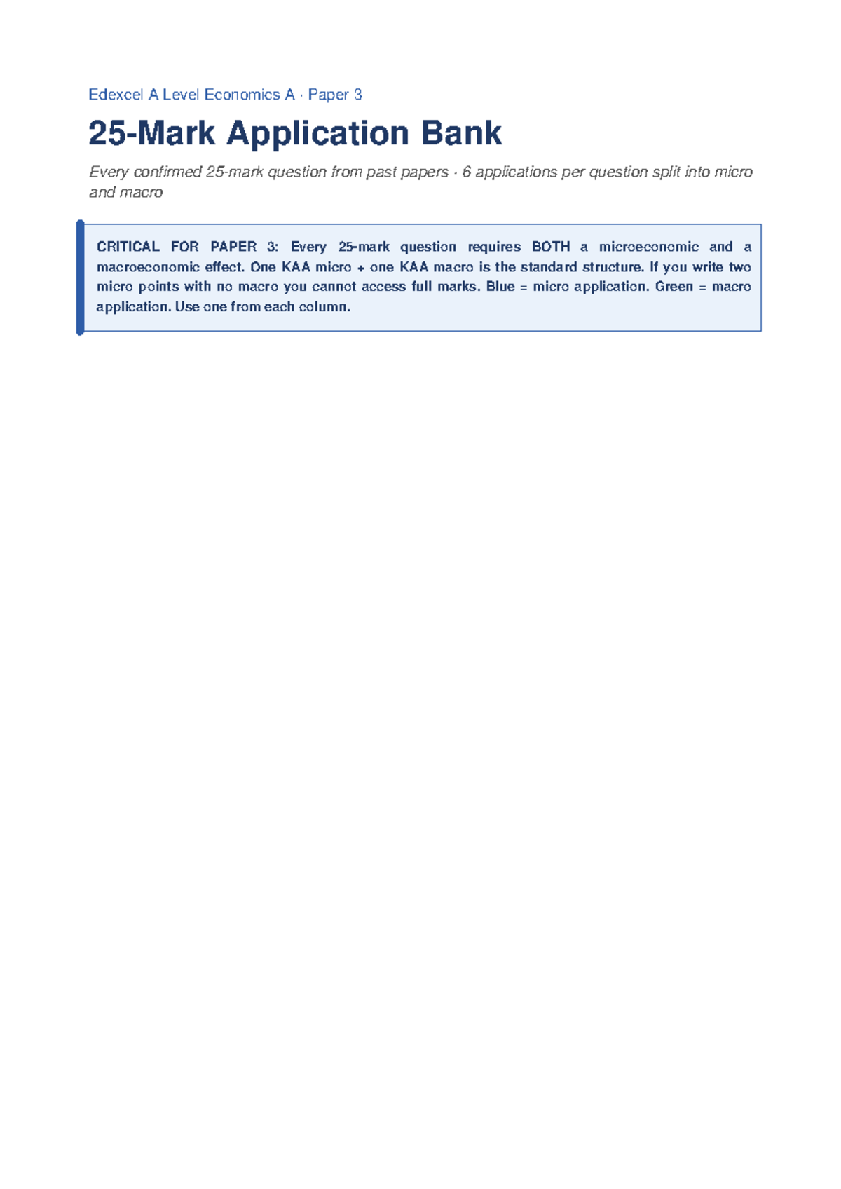 Edexcel A Level Economics A Paper 3: Comprehensive Application Bank for ...