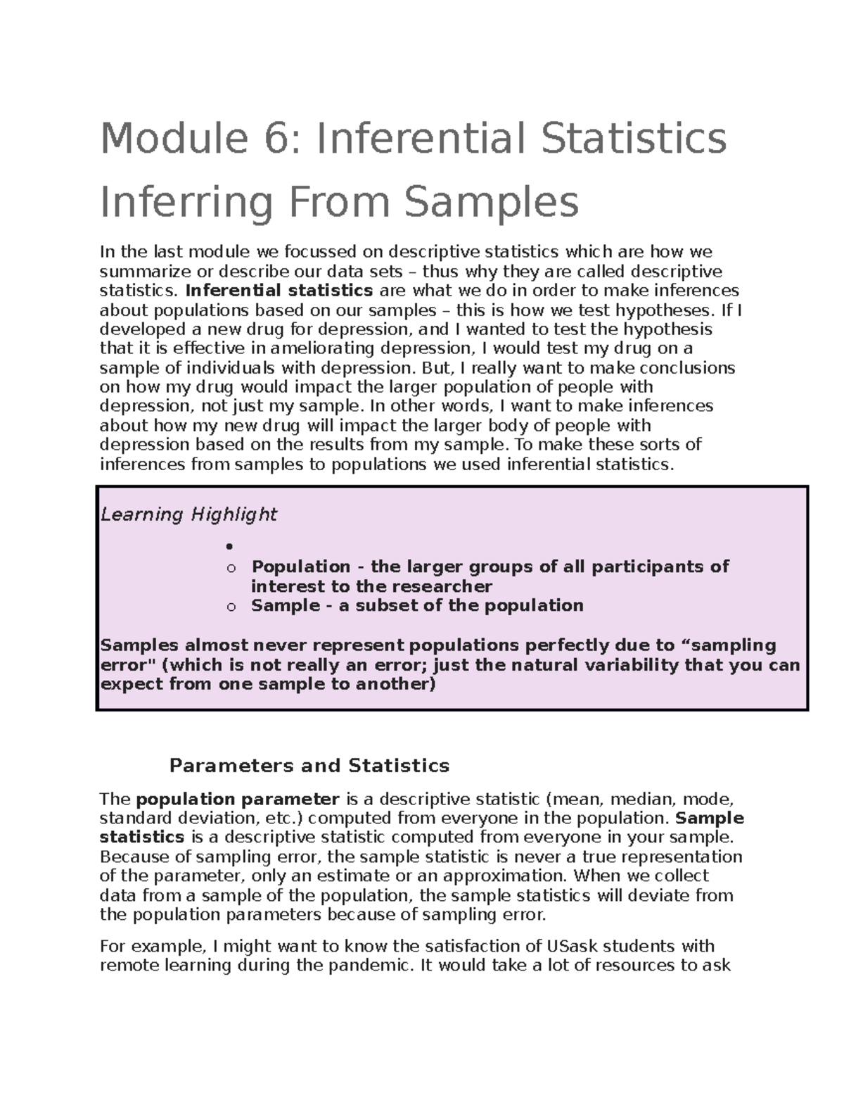 Module 6 - notes - Module 6: Inferential Statistics Inferring From ...