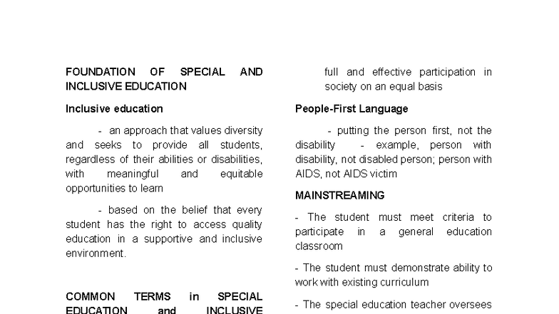 FOUNDATION OF SPECIAL INCLUSIVE EDUCATION: Key Concepts and Legal ...