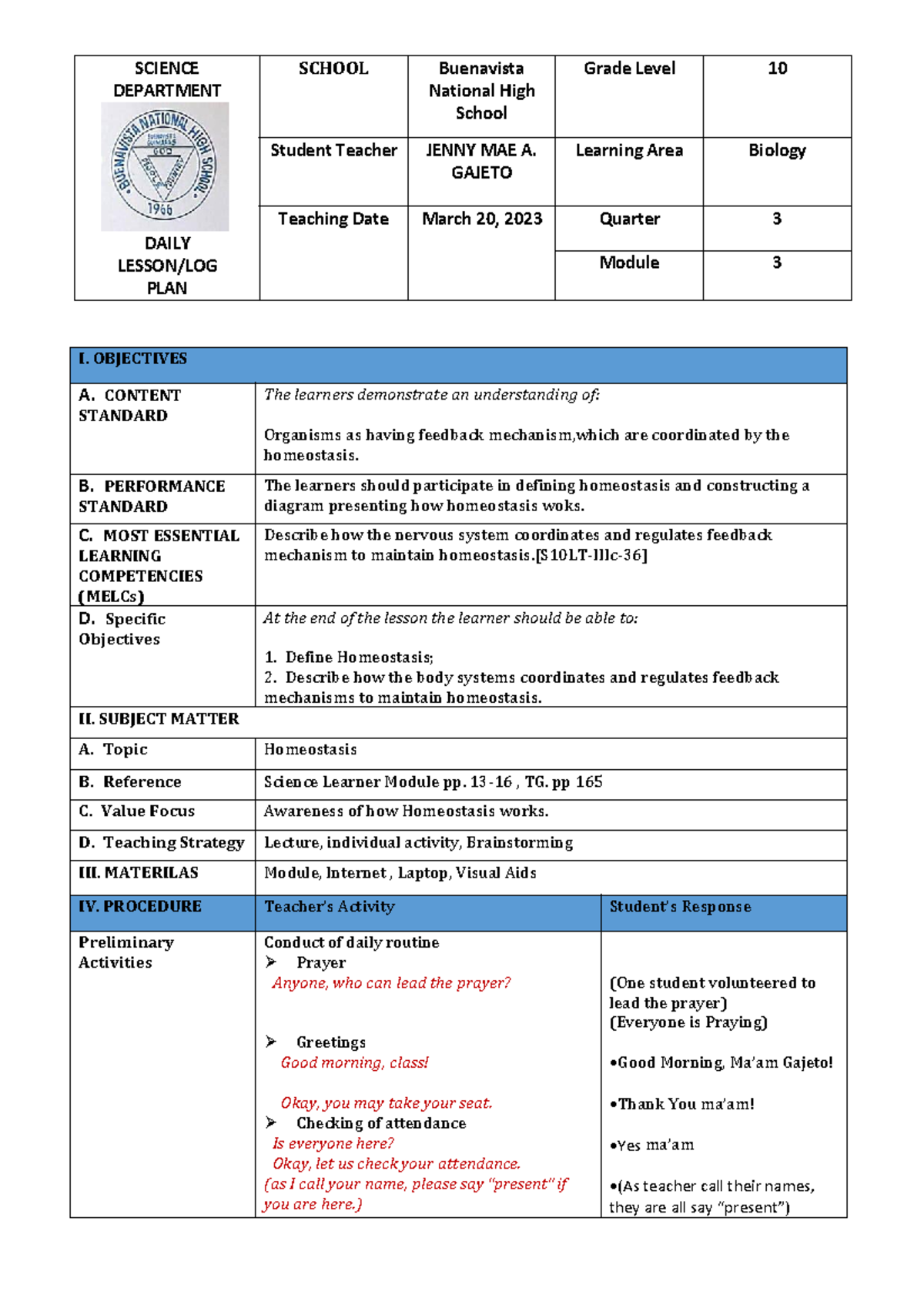 Homeostasis in Biology: Detailed Lesson Plan for Grade 10 - Studocu