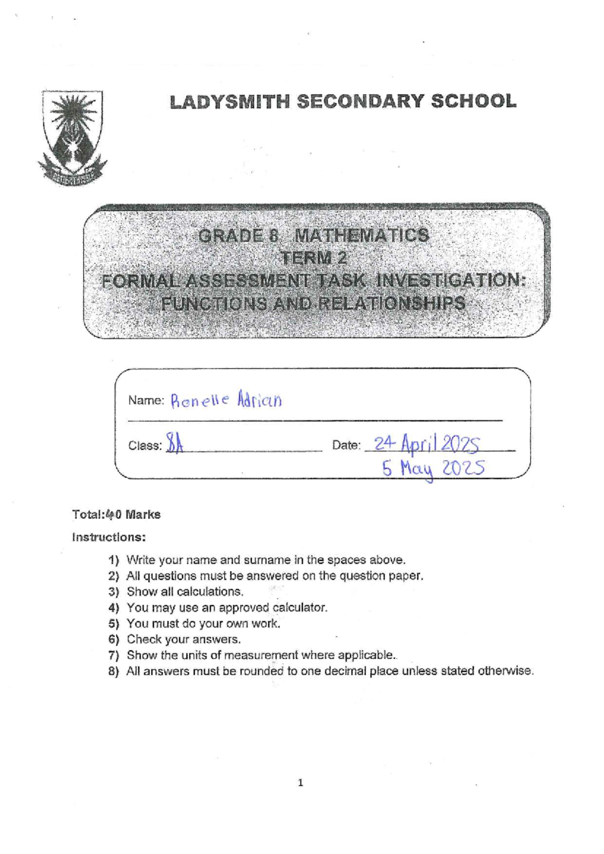 LADYSMITH GRADE 8 MATH TERM 2 FORMAL ASSESSMENT: FUNCTIONS ...