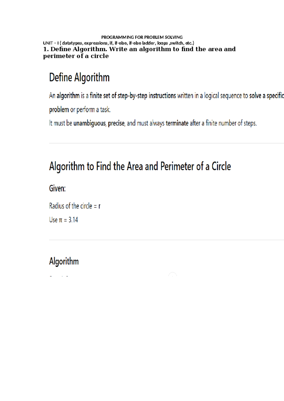 PPS 101: Programming for Problem Solving - Unit I Q&A Guide - Studocu