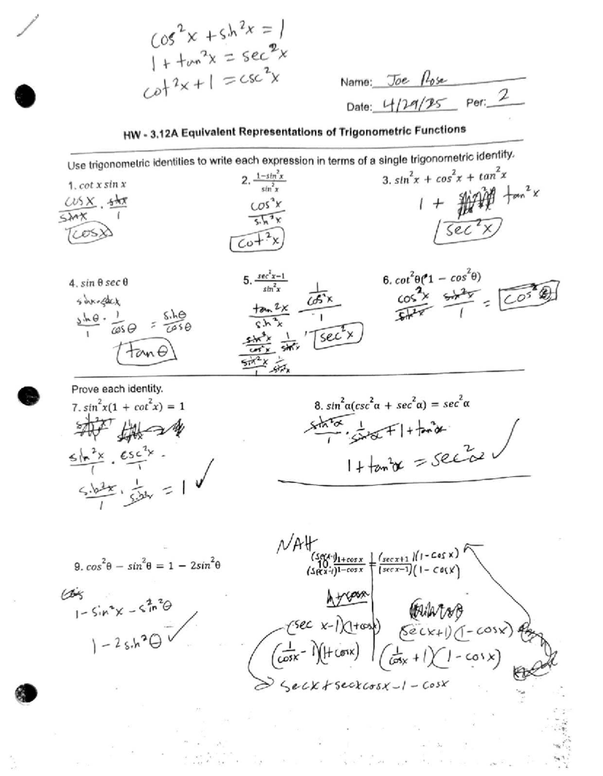 Trigonometric Identities and Equations - HW 3.12A Notes - Studocu