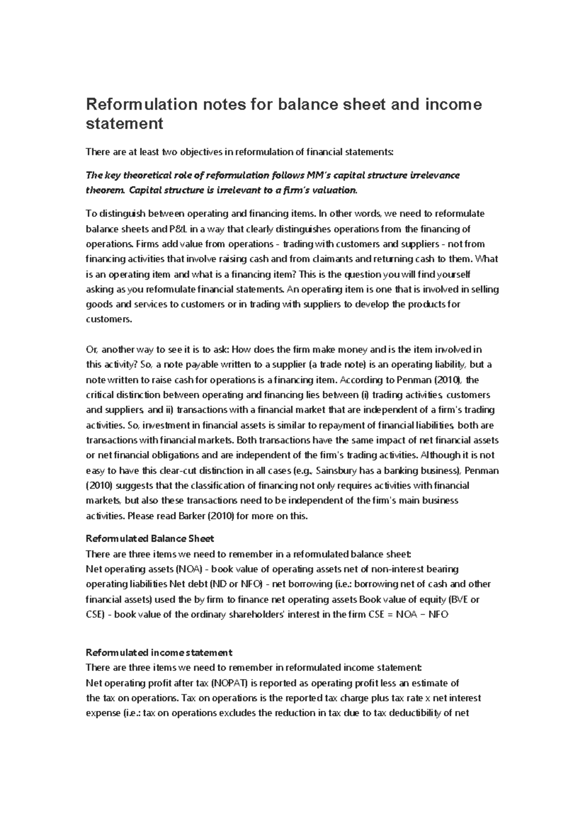 Reformulation Notes for Balance Sheet & Income Statement (MnM) - Studocu