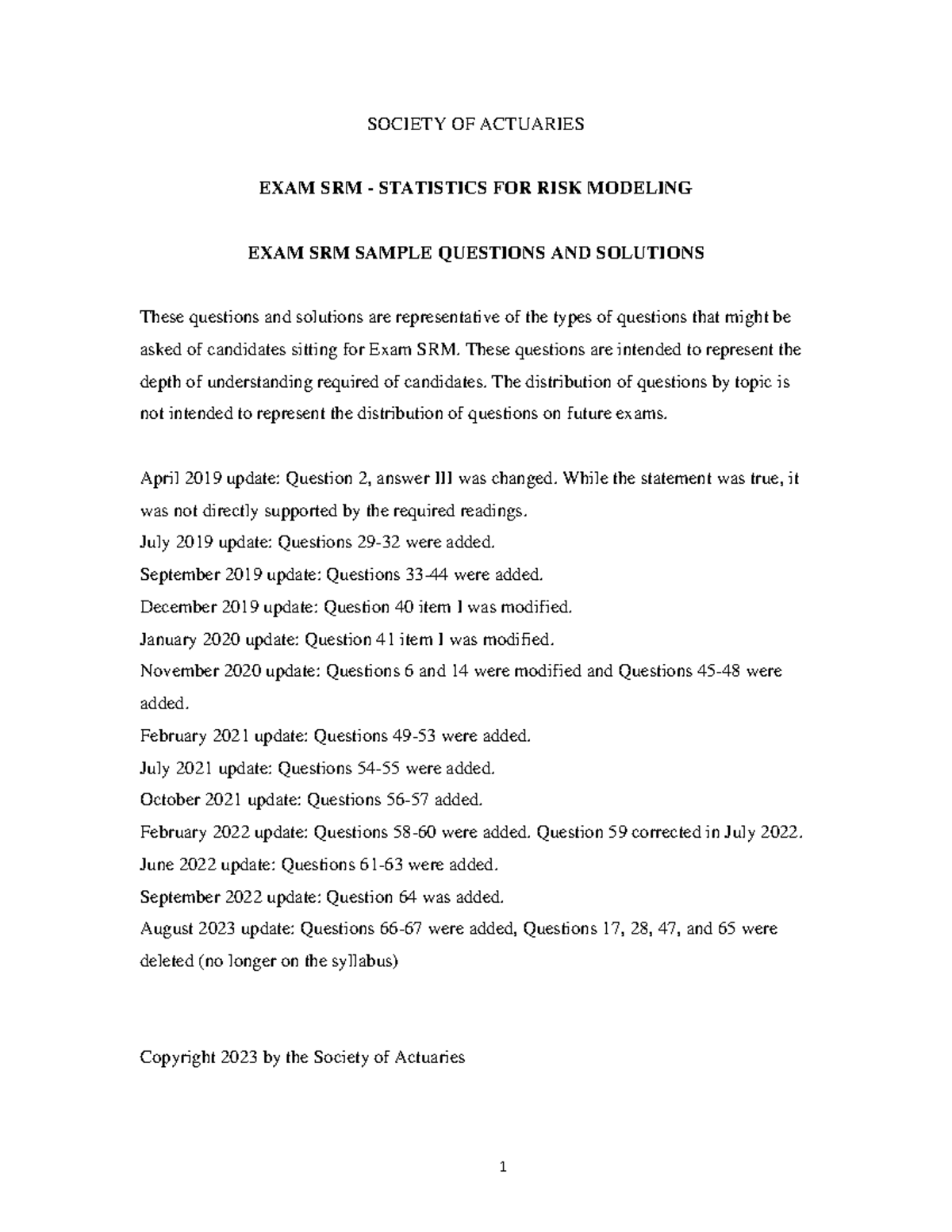 SRM Exam Sample Questions & Solutions: Key Insights and Updates - Studocu