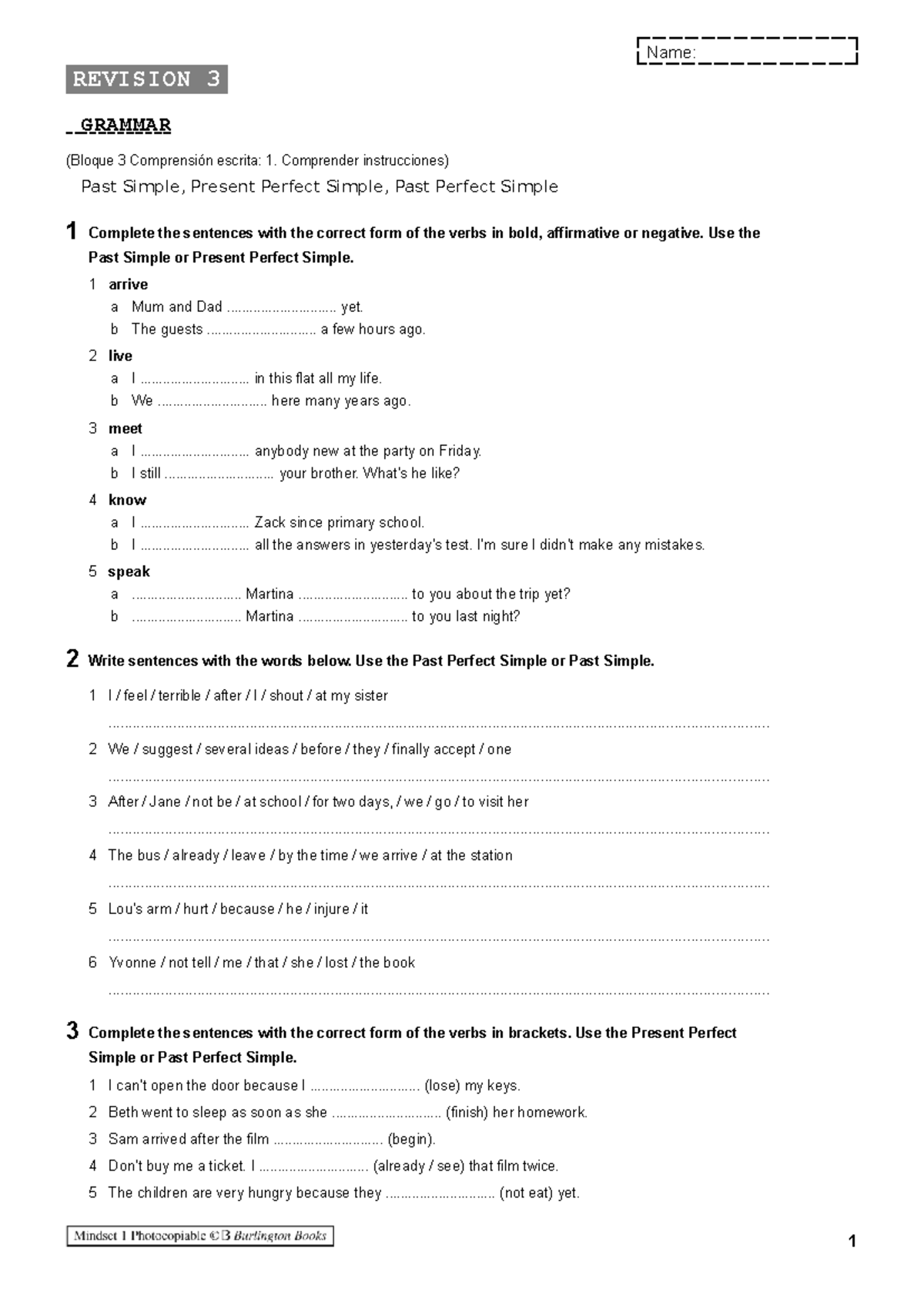 03Mindset 1 Revision Worksheet 3: Past & Present Perfect Tenses - Studocu