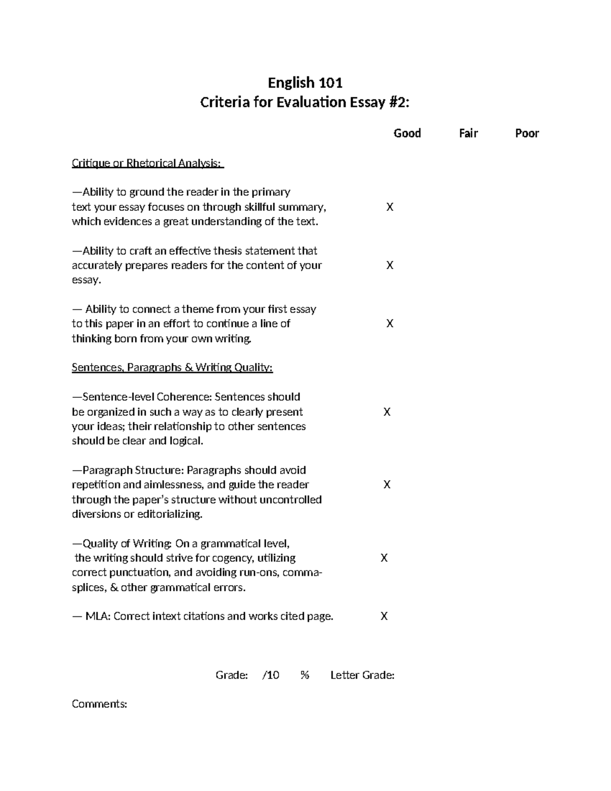 Drexel English 101 Essay #2 Evaluation Criteria and Rubric - Studocu