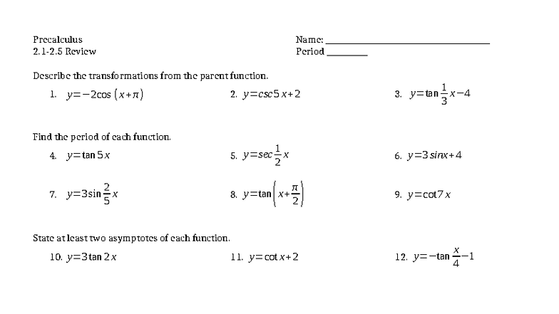 Precalculus Review 2B: Transformations & Periods of Functions - Studocu
