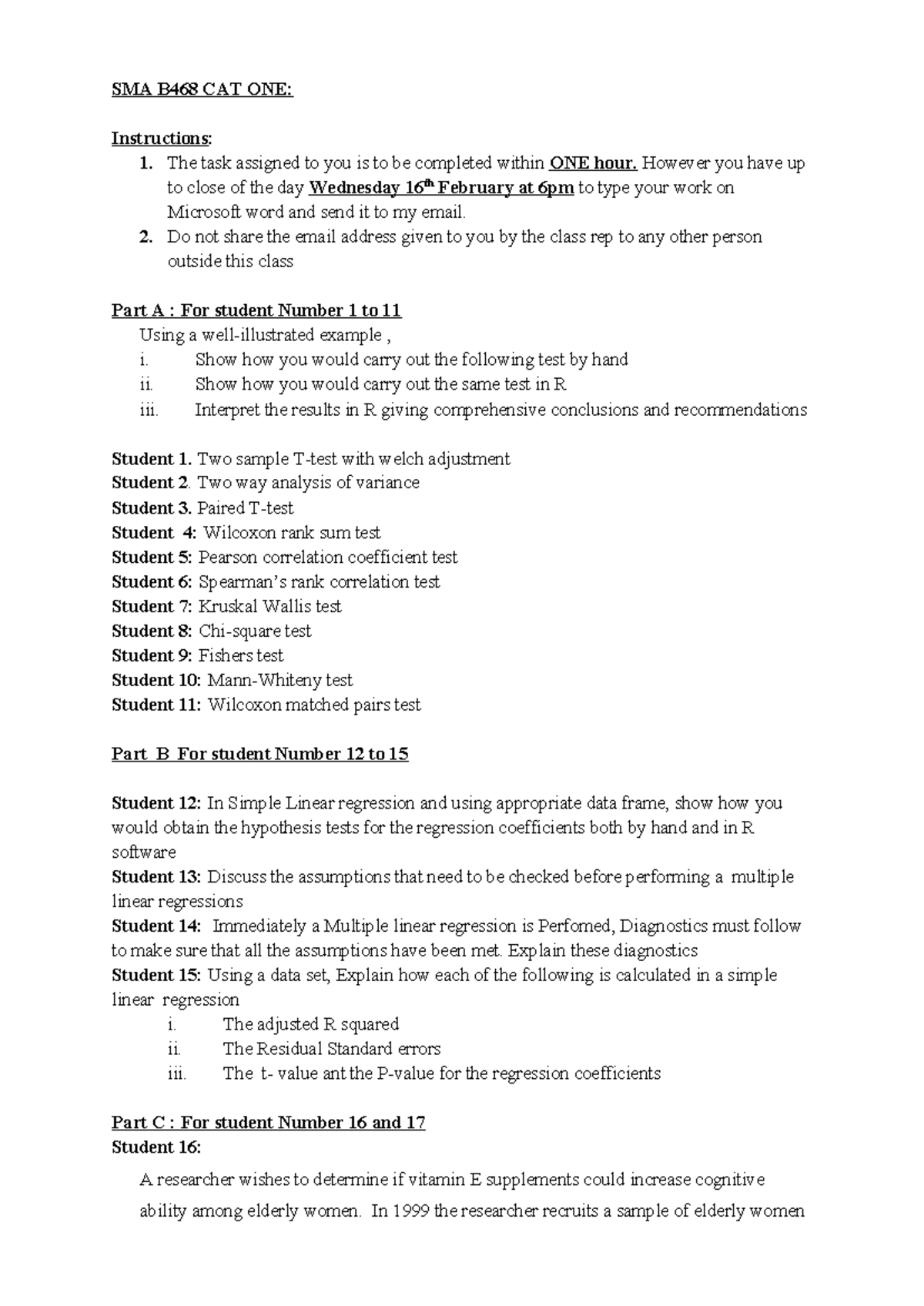 CAT ONE SMA B468: Statistical Tests and Regression Analysis Guide - Studocu