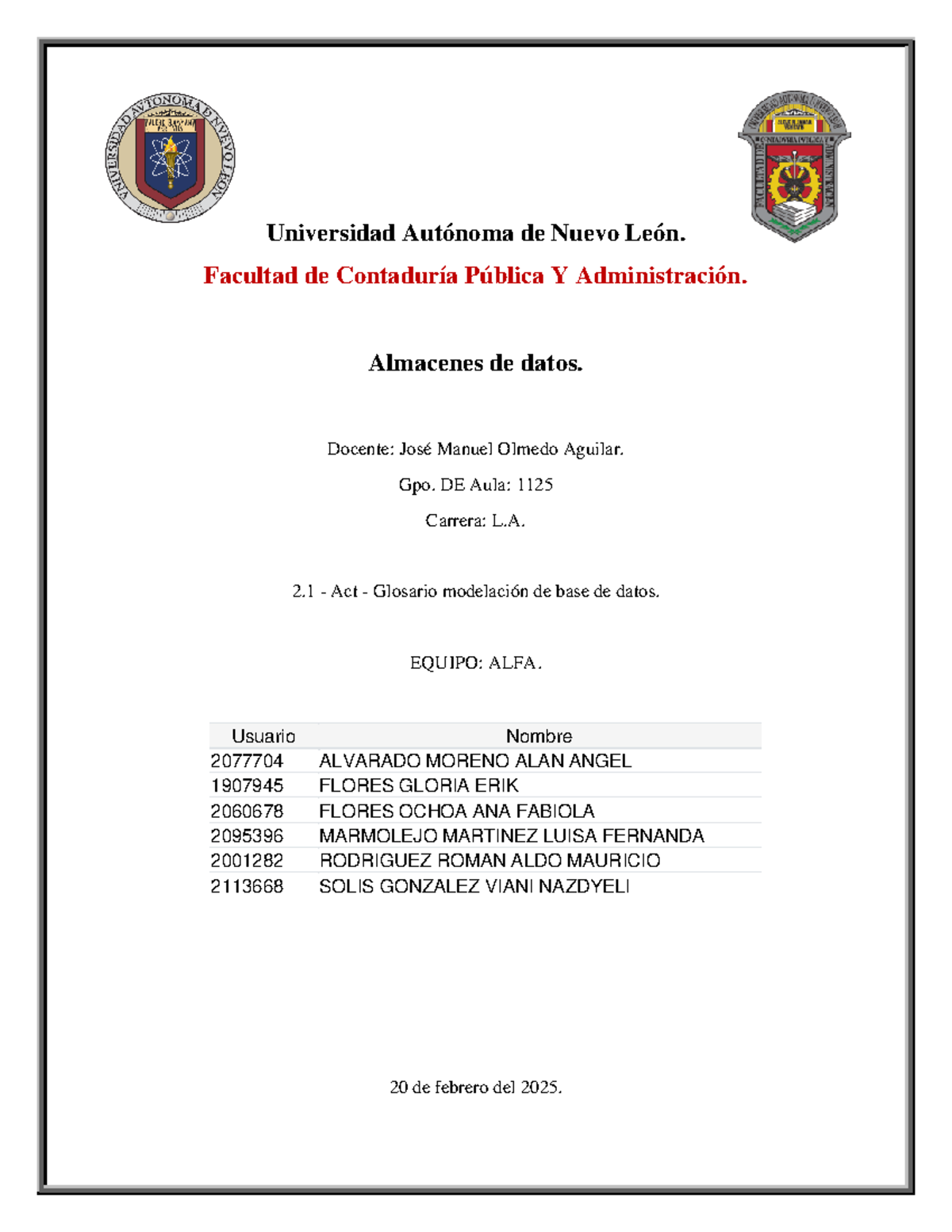 2.1 - Act - modelación de base de datos Equipo ALFA - Universidad Autónoma de Nuevo León ...