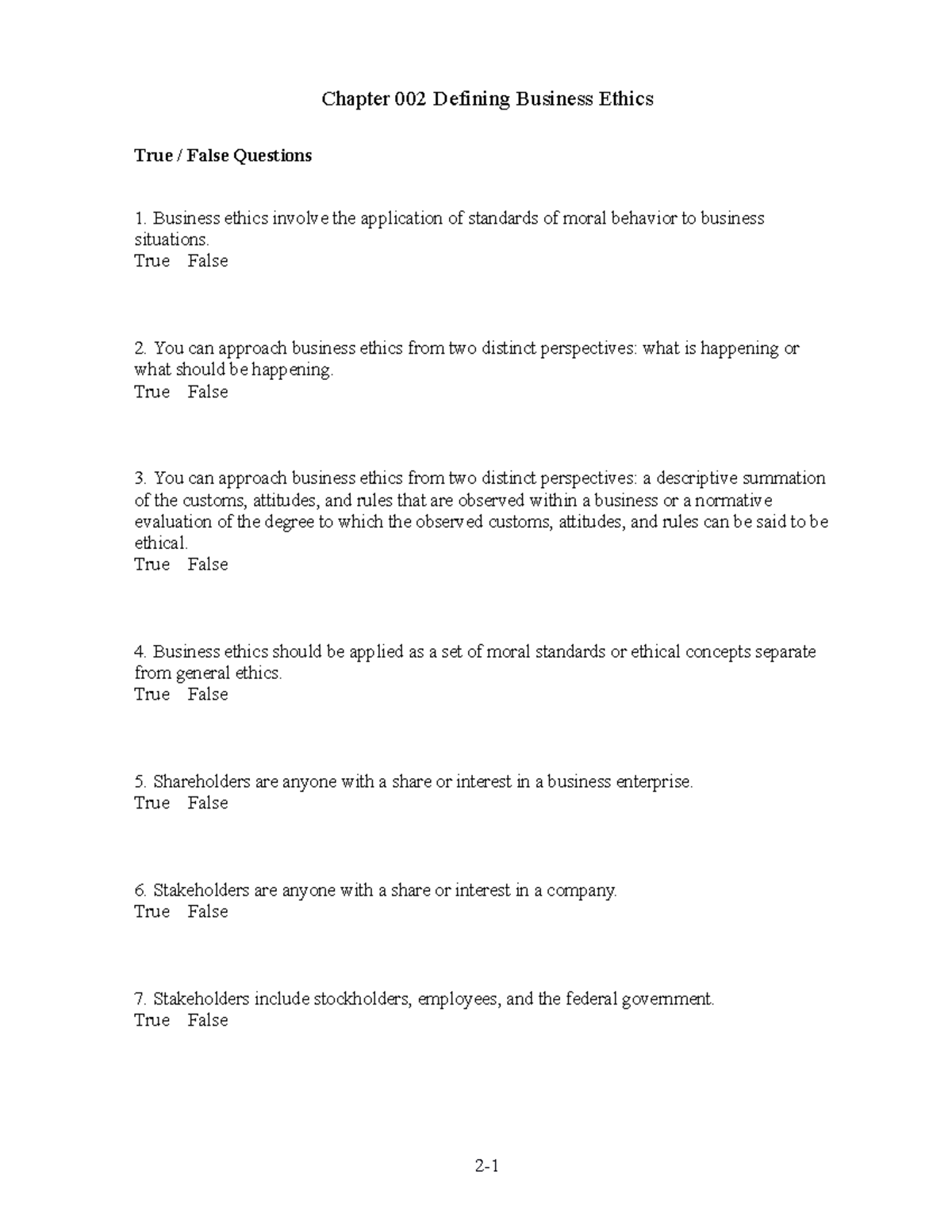 Chapter 002 - Business Ethics Quiz Questions and Answers - Studocu