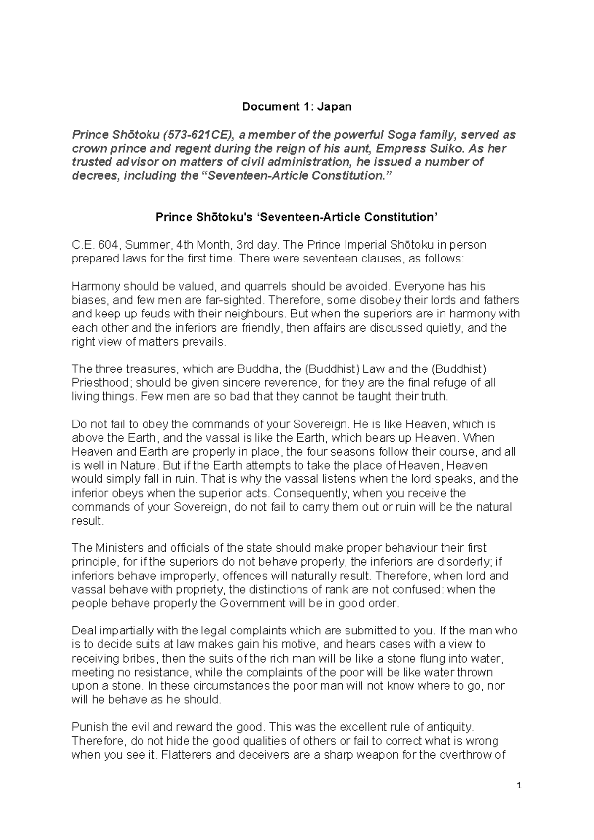 Prince Shōtoku's Seventeen-Article Constitution Analysis - Studocu