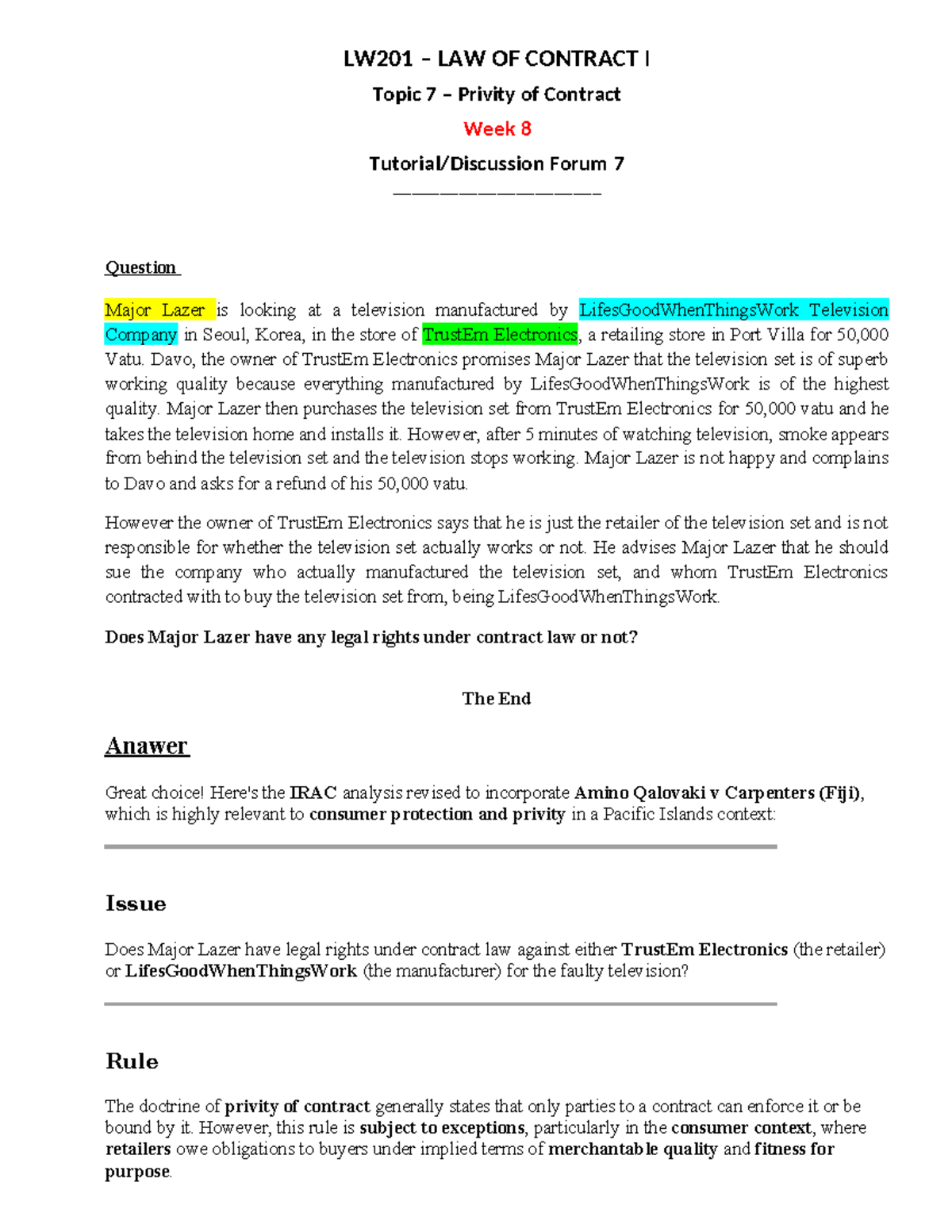 LW201 LAW OF CONTRACT I Week 8 Tutorial 7: Privity of Contract Analysis ...
