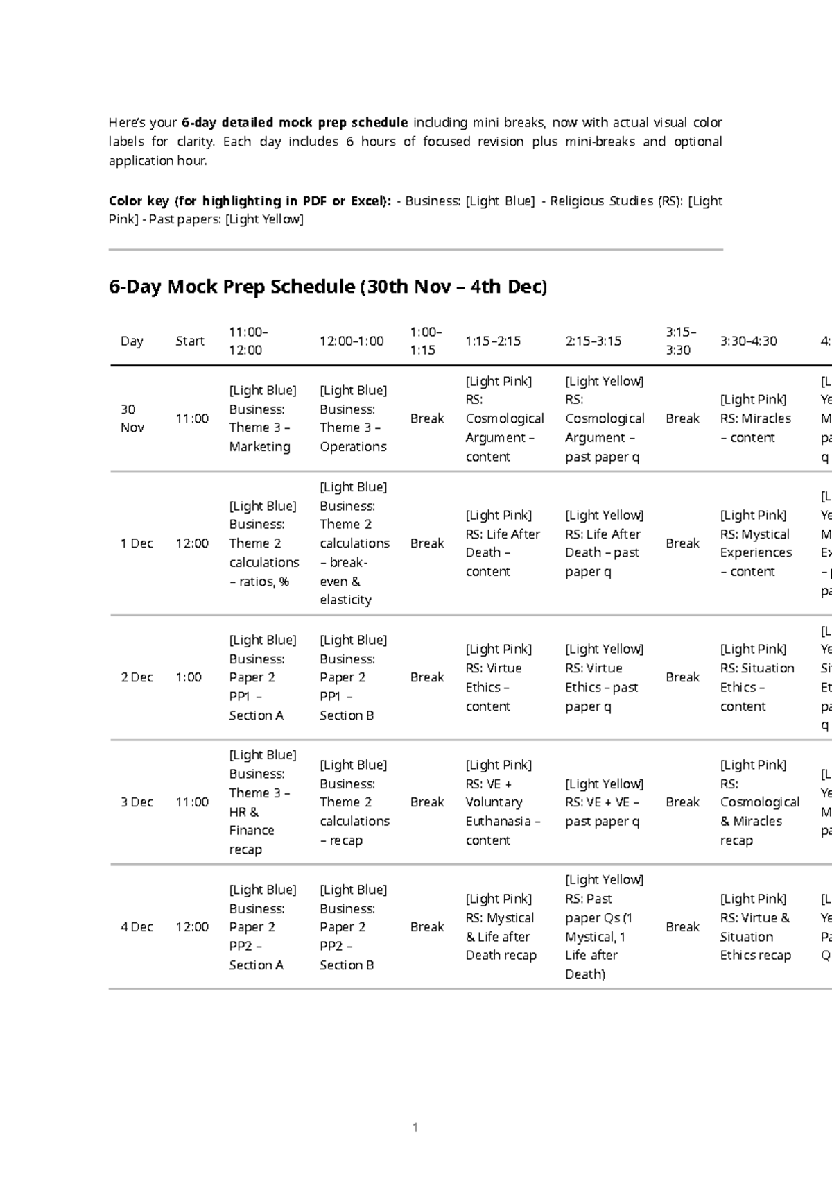 Mock Prep Schedule (30 Nov - 4 Dec) with Color Labels - Studocu