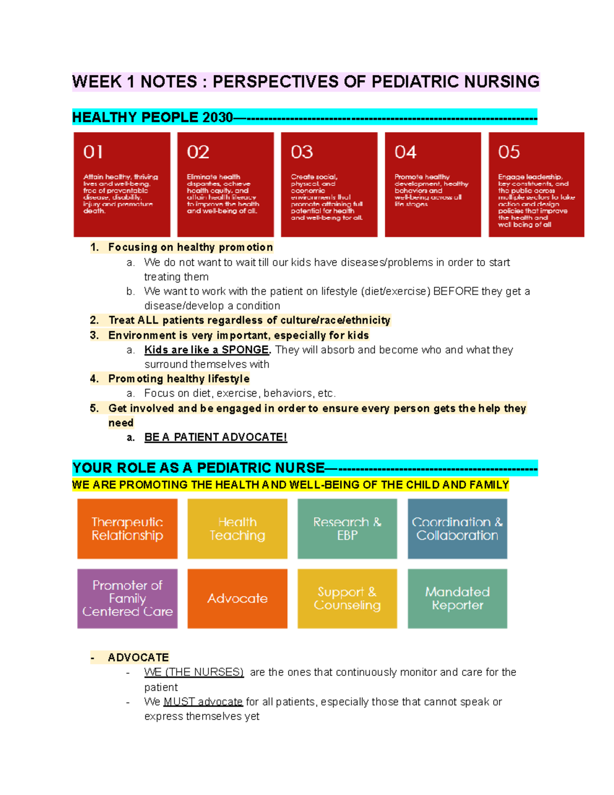 Peds wk 1 study guide - WEEK 1 NOTES : PERSPECTIVES OF PEDIATRIC ...