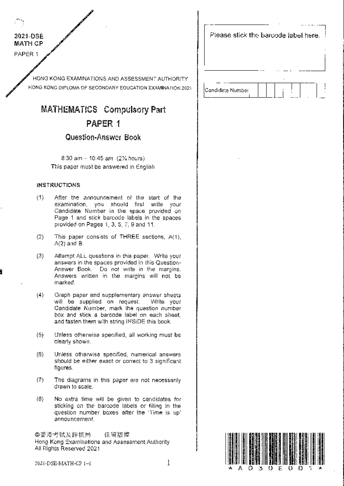 MATH CP PAPER 1 - 2021 HKDSE Past Exam Questions and Instructions - Studocu