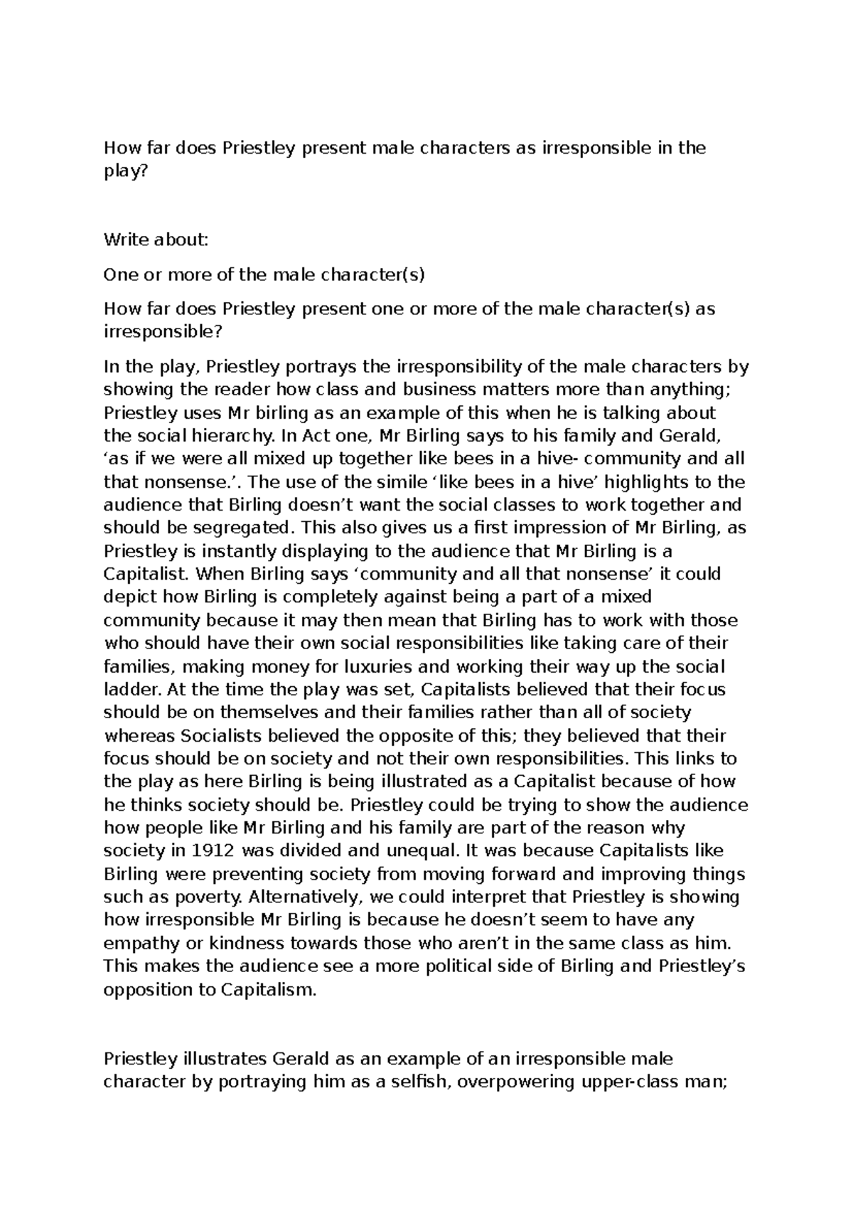 Priestley's Presentation of Male Irresponsibility in 'An Inspector ...