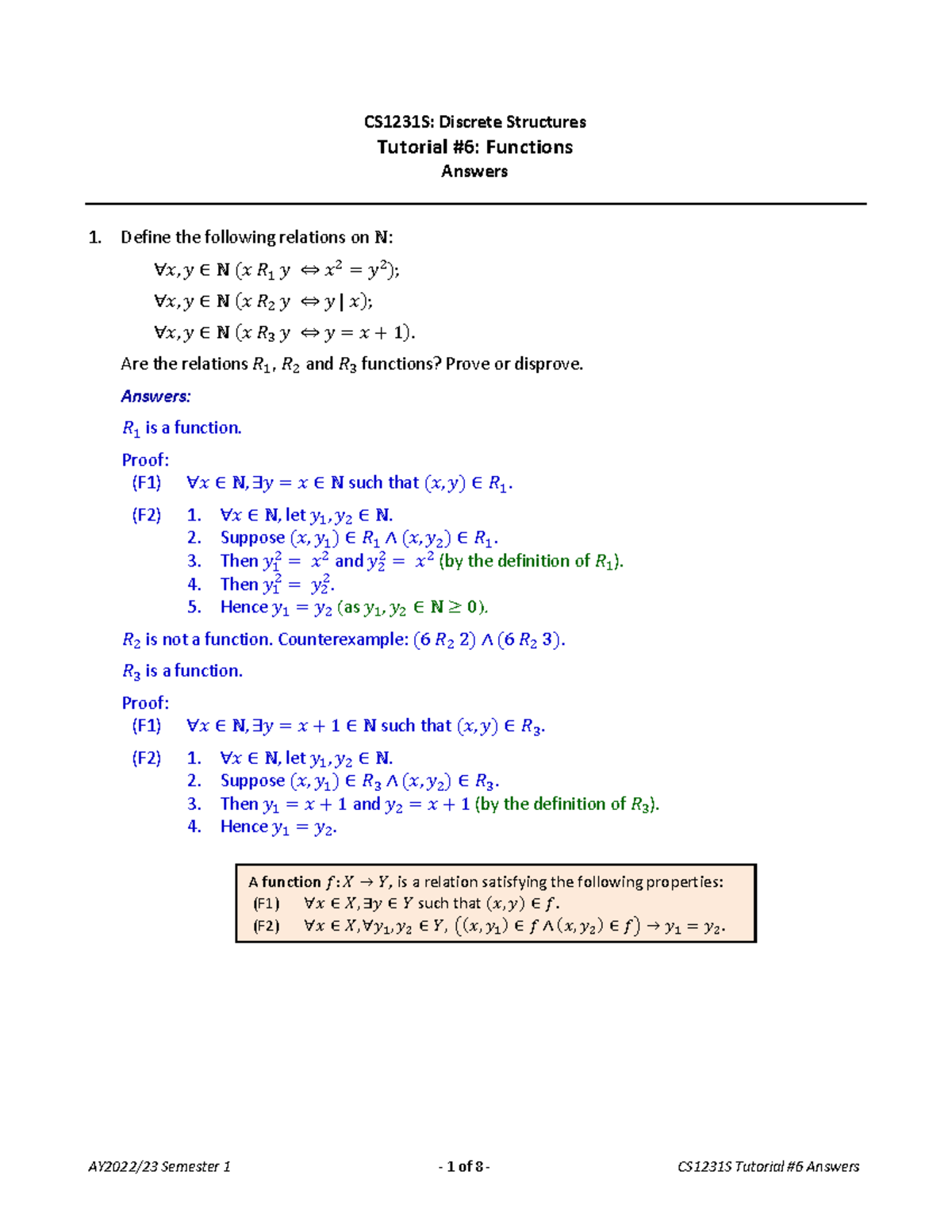 CS1231S: Discrete Structures Tutorial 6 Answers and Functions - Studocu