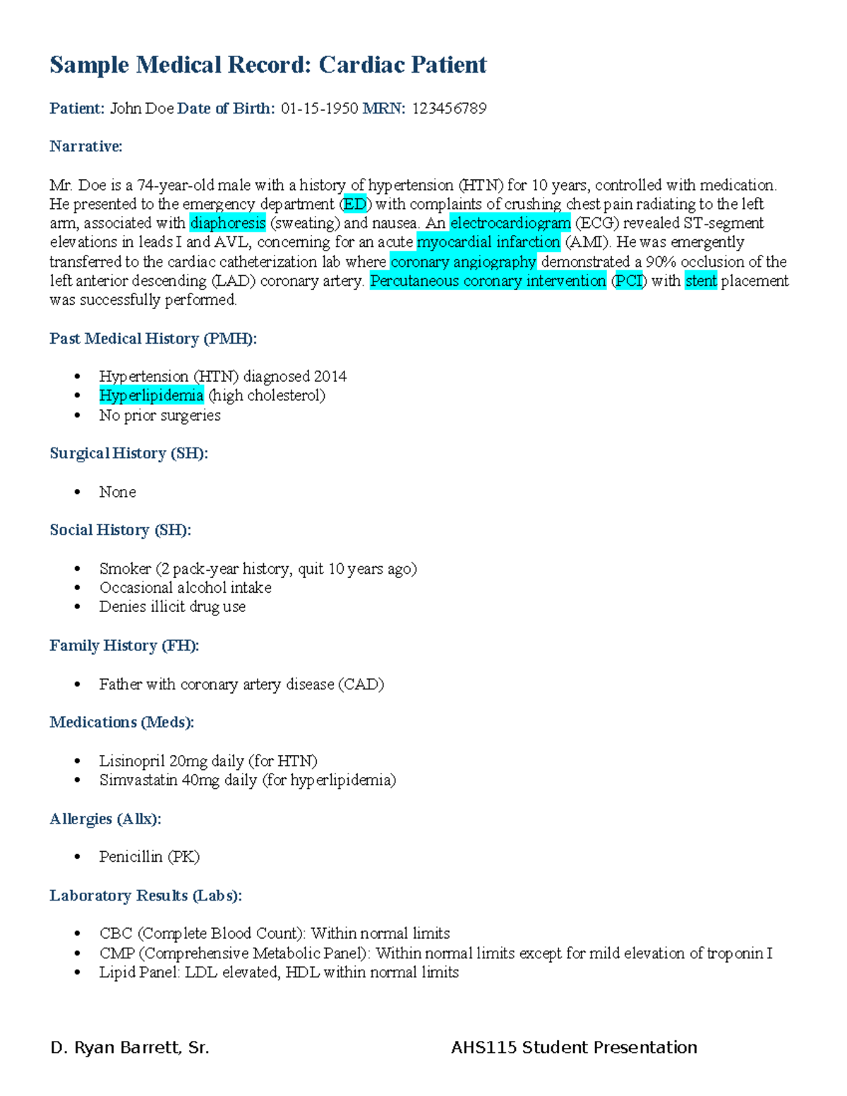 AHS115 Student Presentation: Case Study of Cardiac Patient John Doe ...