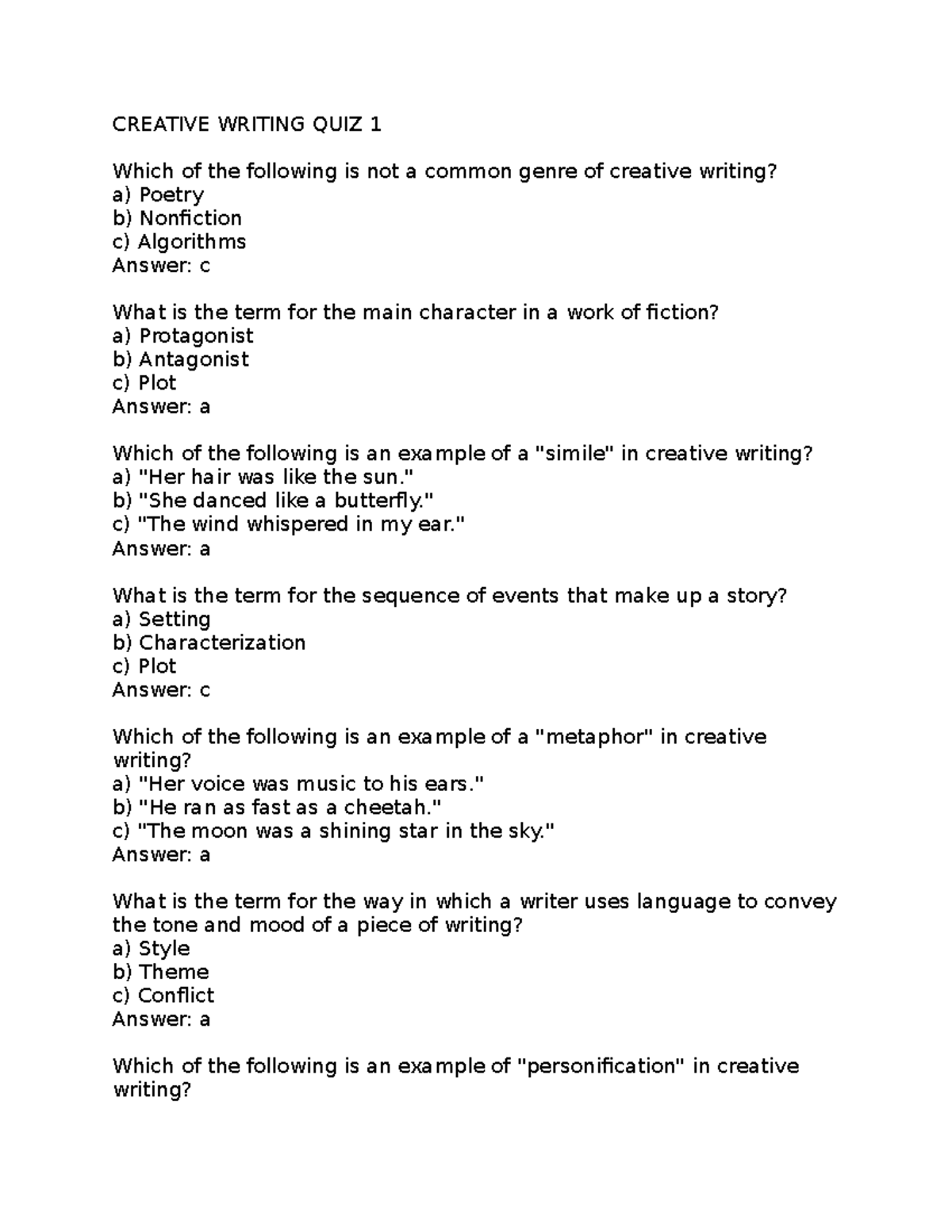 Creative Writing QUIZ 1 - CREATIVE WRITING QUIZ 1 Which of the ...