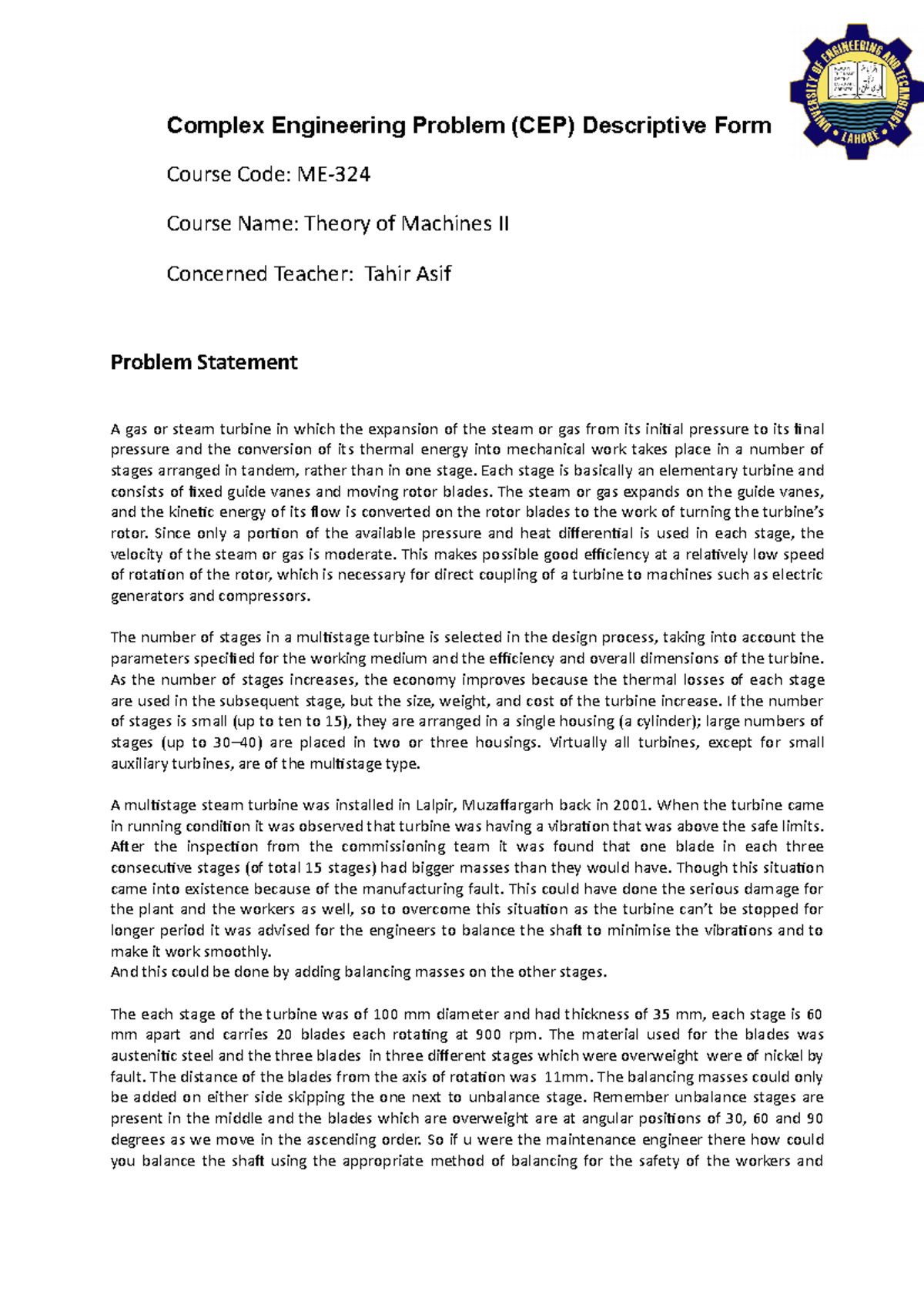 Complex Engineering Problem (Mechanics of Machines) - Complex ...