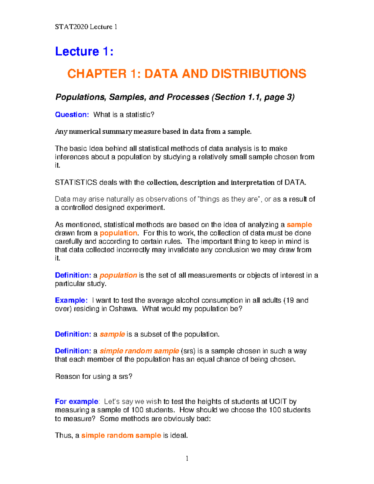 STAT2020 Lecture 1: Data, Distributions, and Sampling Methods - Studocu