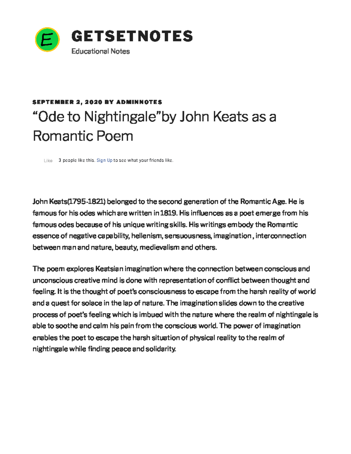 Ode to Nightingale by John Keats as a Romantic Poem - Get Set Notes - S ...
