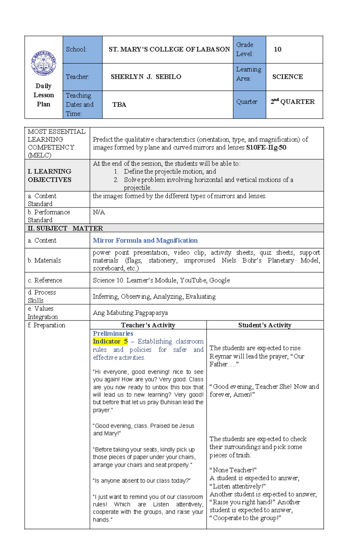 Daily Lesson Plan: Science 10 - Projectile Motion Activities - Studocu