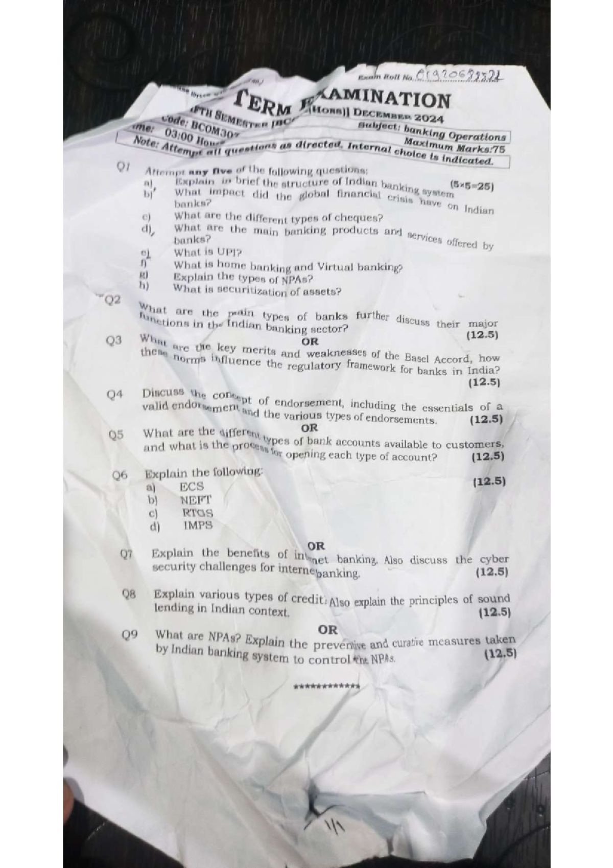 BCOM307 Banking Operations Previous Year Question Paper - Dec 2024 ...