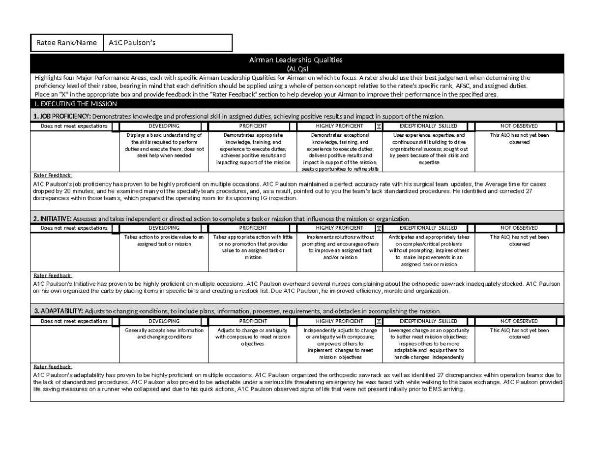 Airman Leadership Qualities Evaluation for A1C Paulson - ALQ Feedback ...