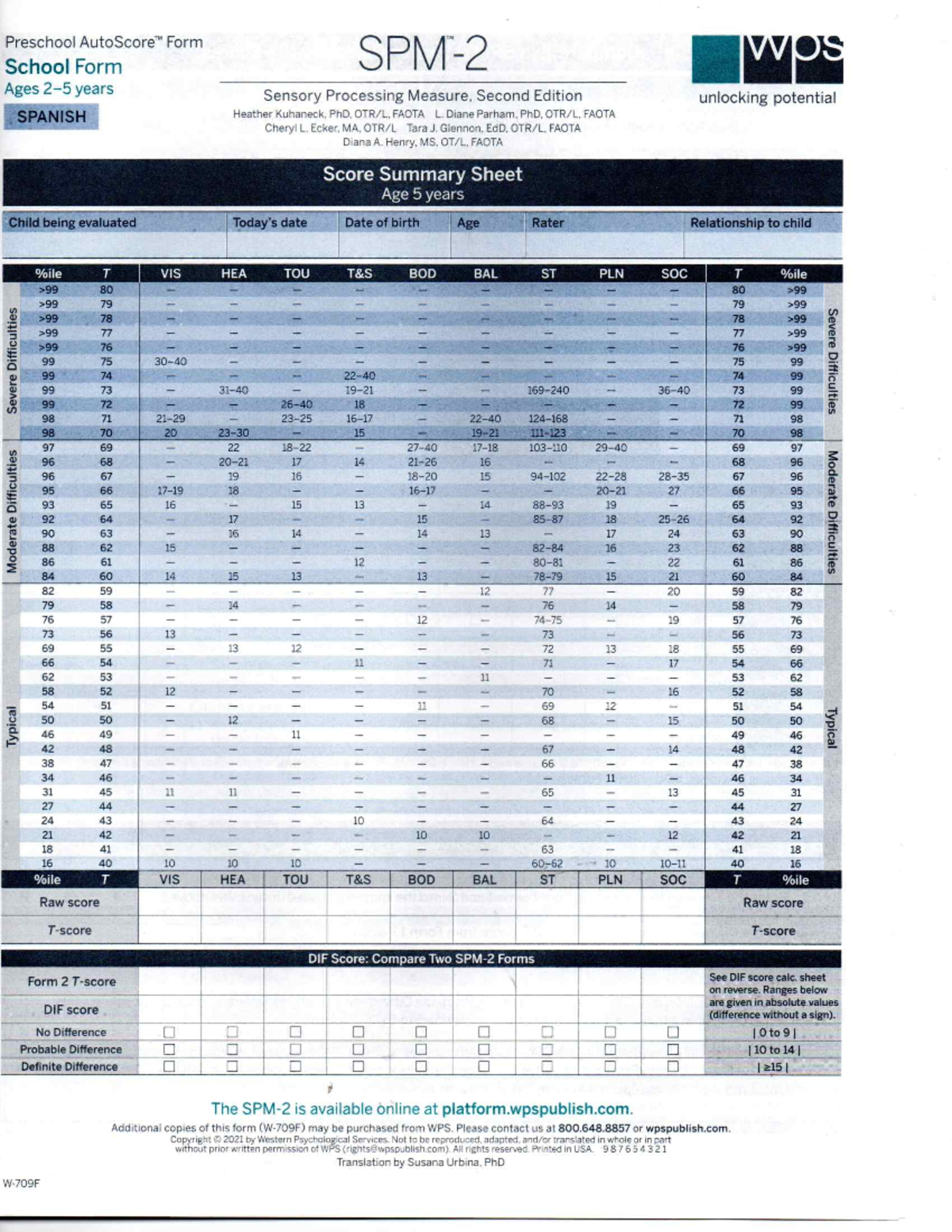 Sensory Processing Measure - Preschool Form Summary (Ages 5) - Studocu