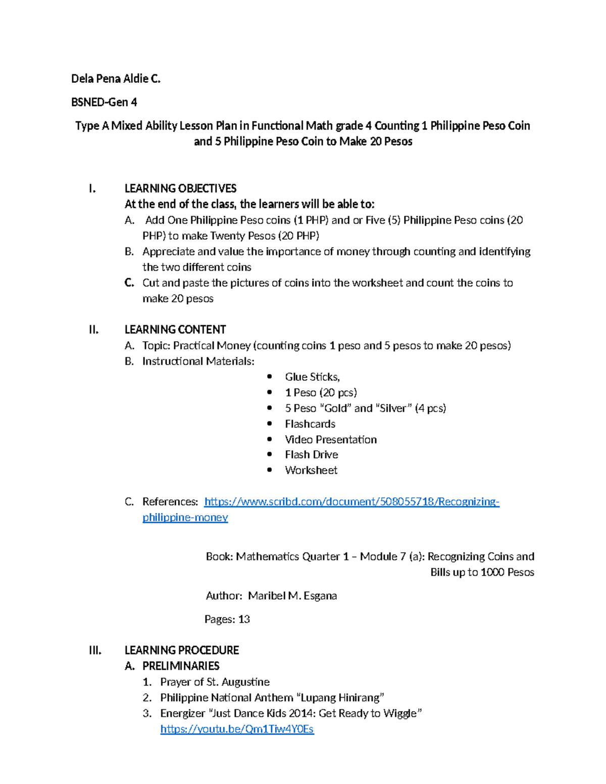 Grade 4 Functional Math Lesson Plan: Counting Coins to Make 20 PHP ...
