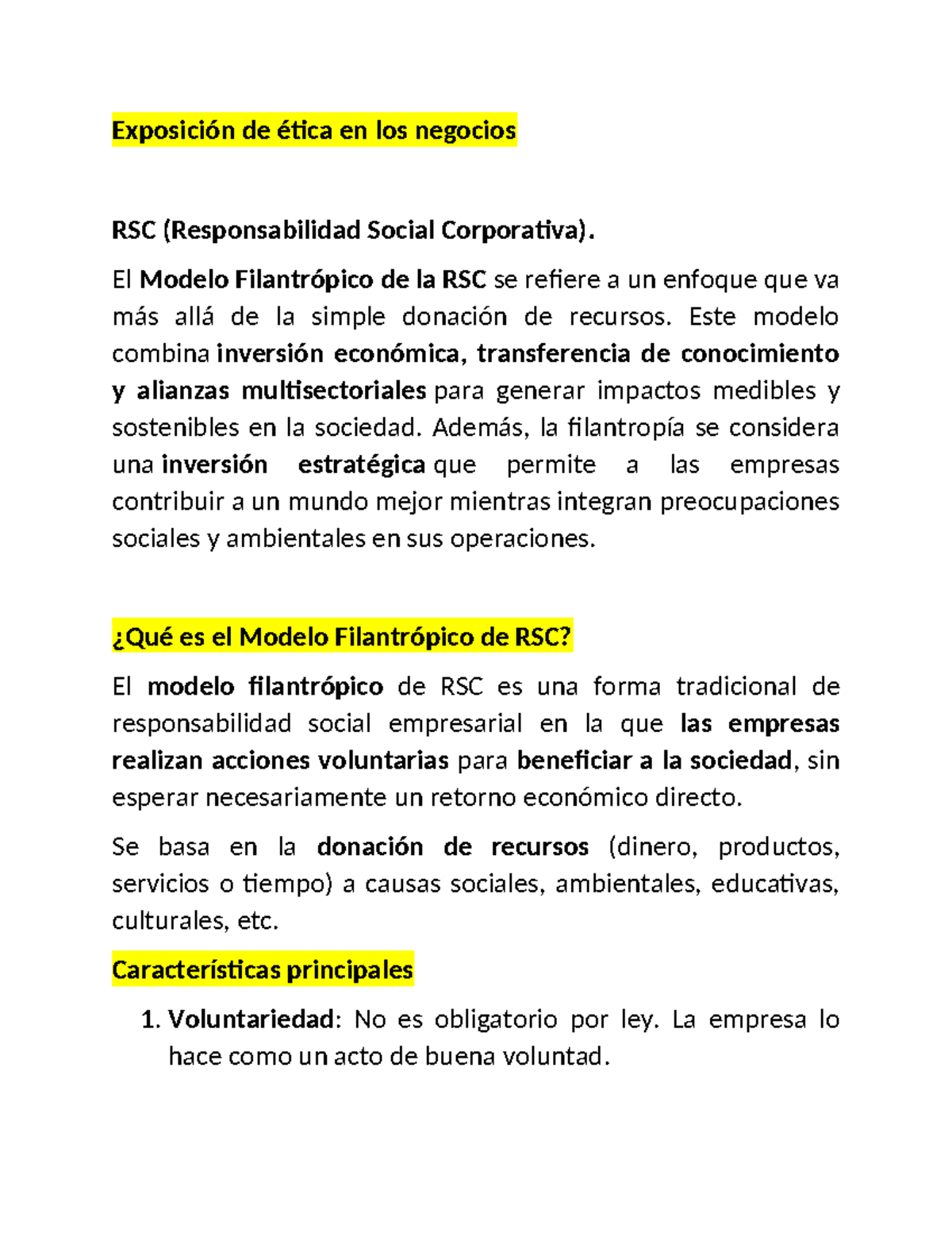 Exposición sobre el Modelo Filantrópico de RSC en Negocios - Studocu