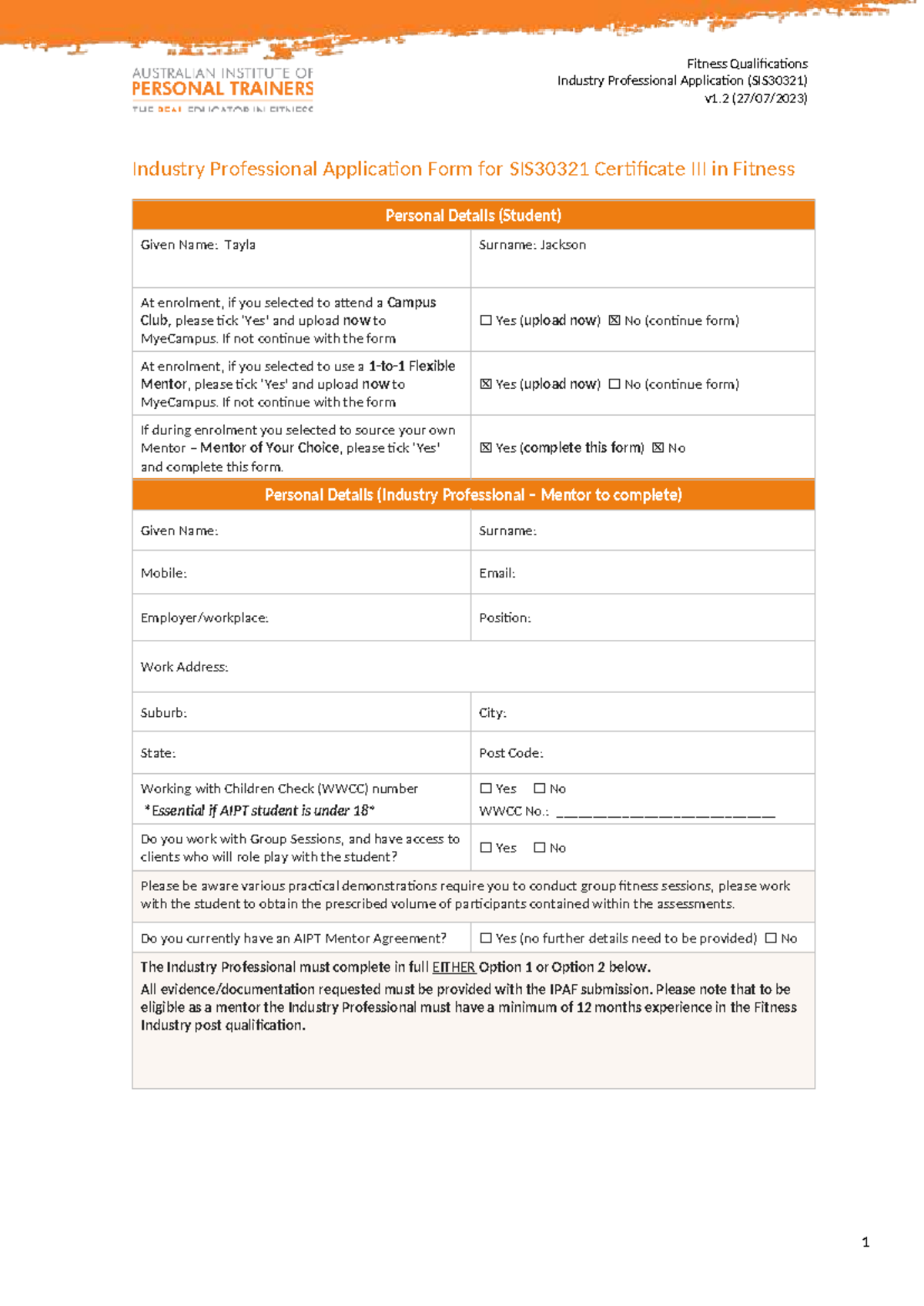 SIS30321 - Industry Professional Application Form for CIII in Fitness ...