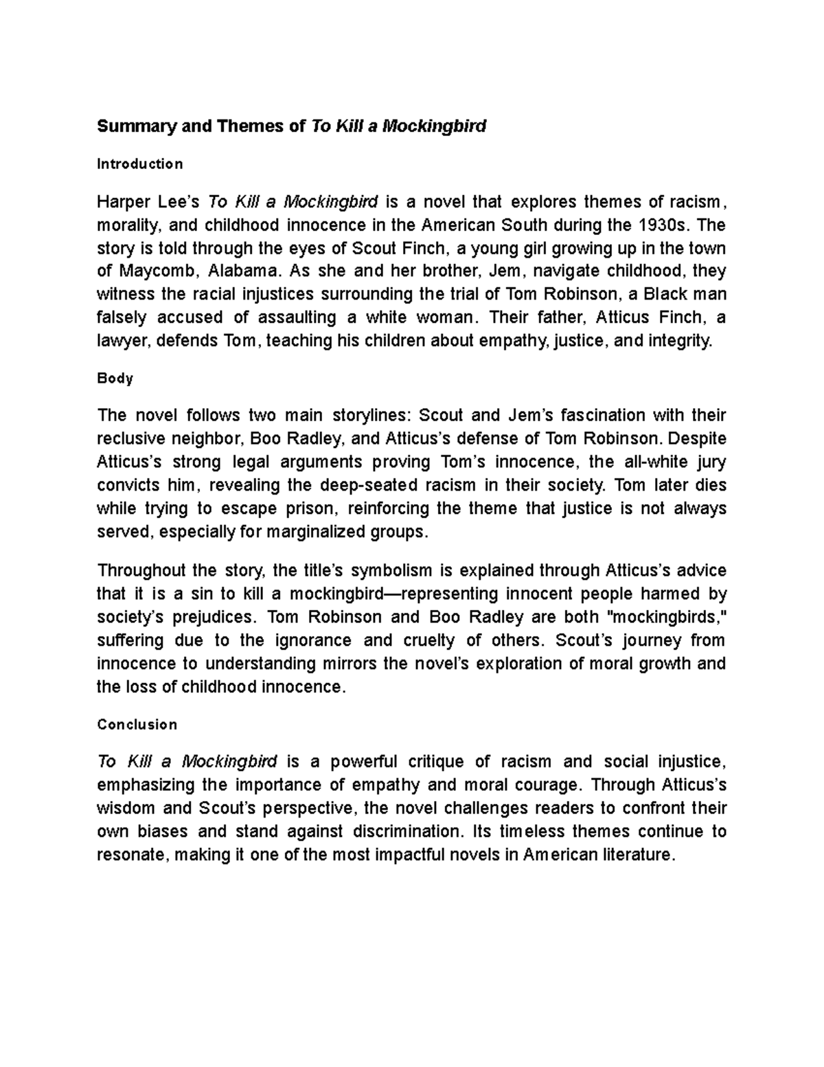 Summary and Themes of To Kill a Mockingbird - A Literary Analysis - Studocu