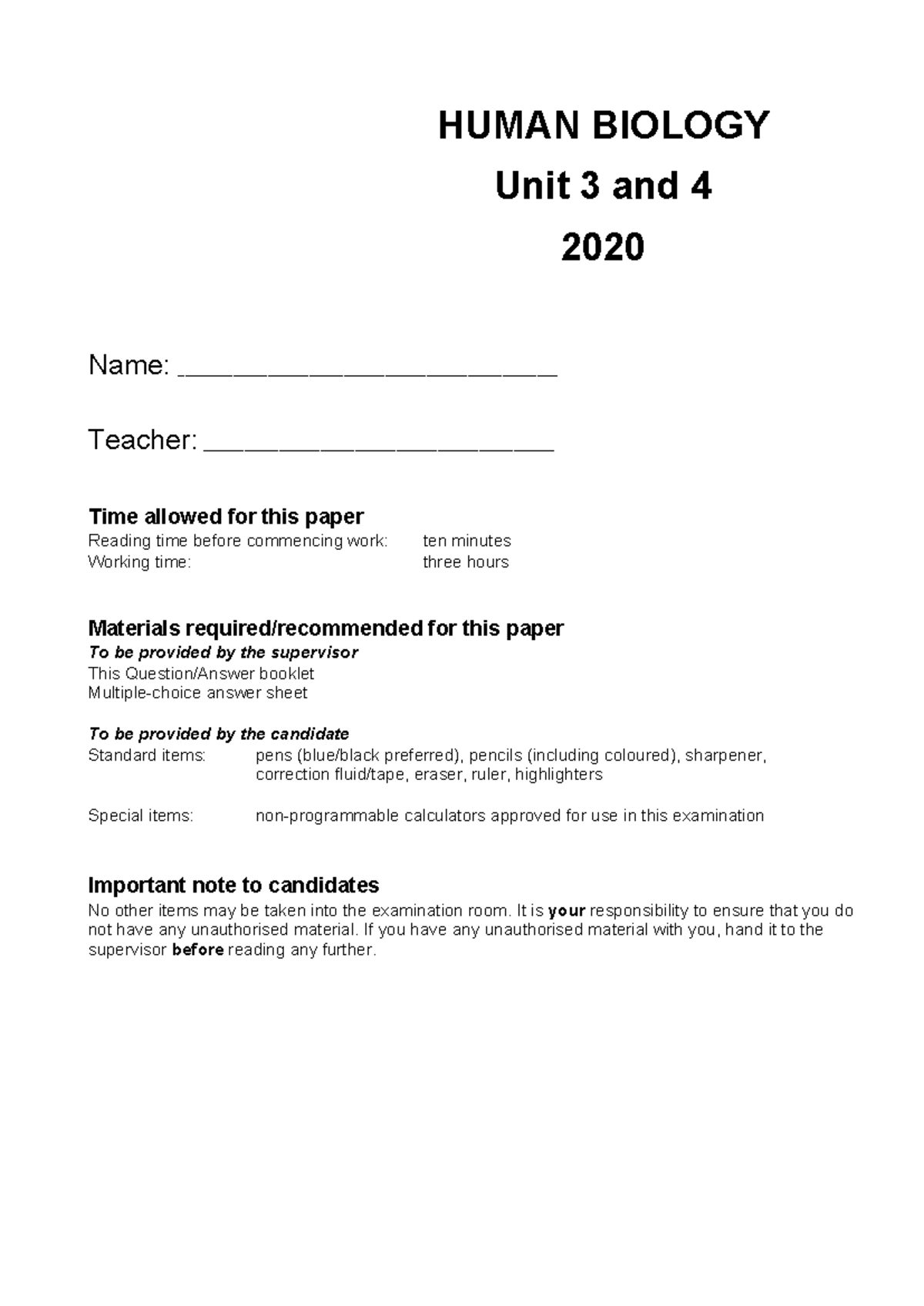 2020 HUMAN BIOLOGY Unit 3 & 4 Exam Paper - Studocu