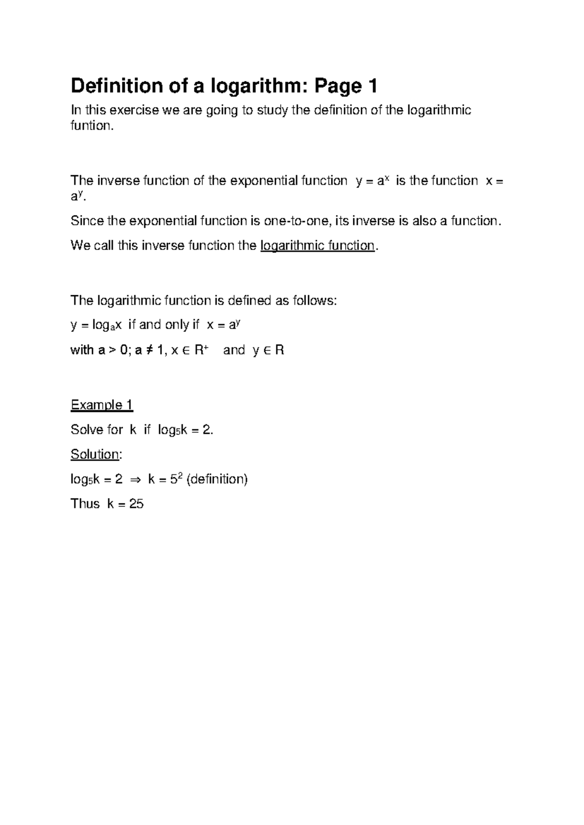 Definition of a logarithm Theory - Definition of a logarithm: Page 1 In ...