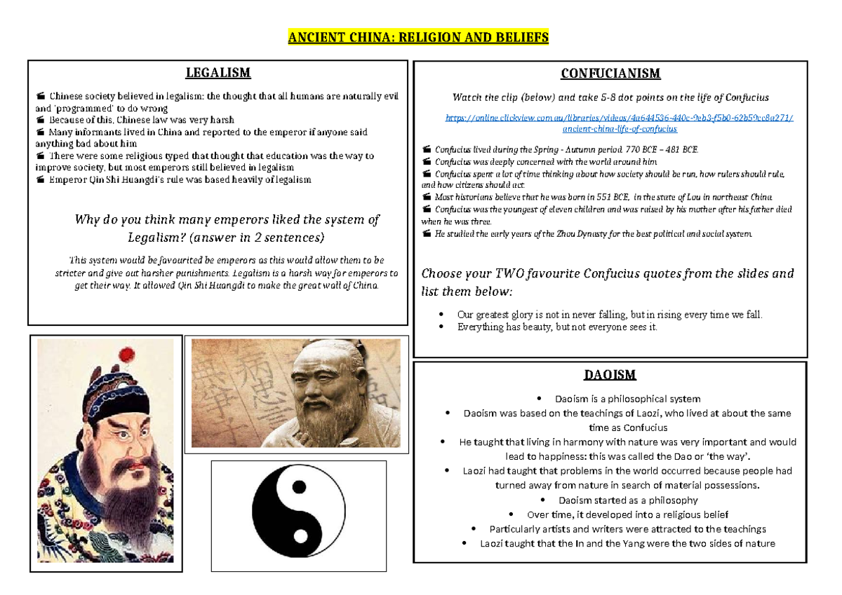 ANCIENT CHINA: RELIGION & BELIEFS (Legalism & Confucianism) - Studocu