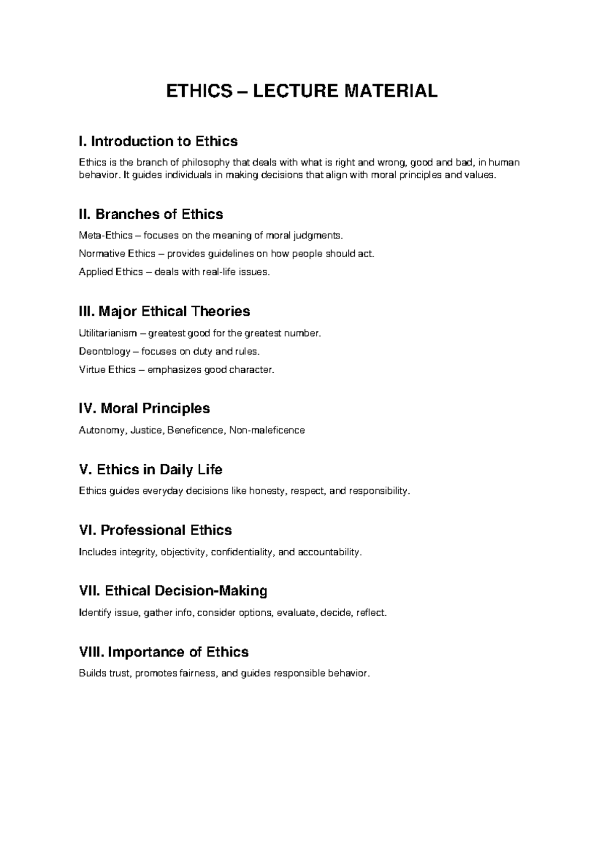 ETHICS 101: Comprehensive Lecture Notes on Ethical Principles - Studocu