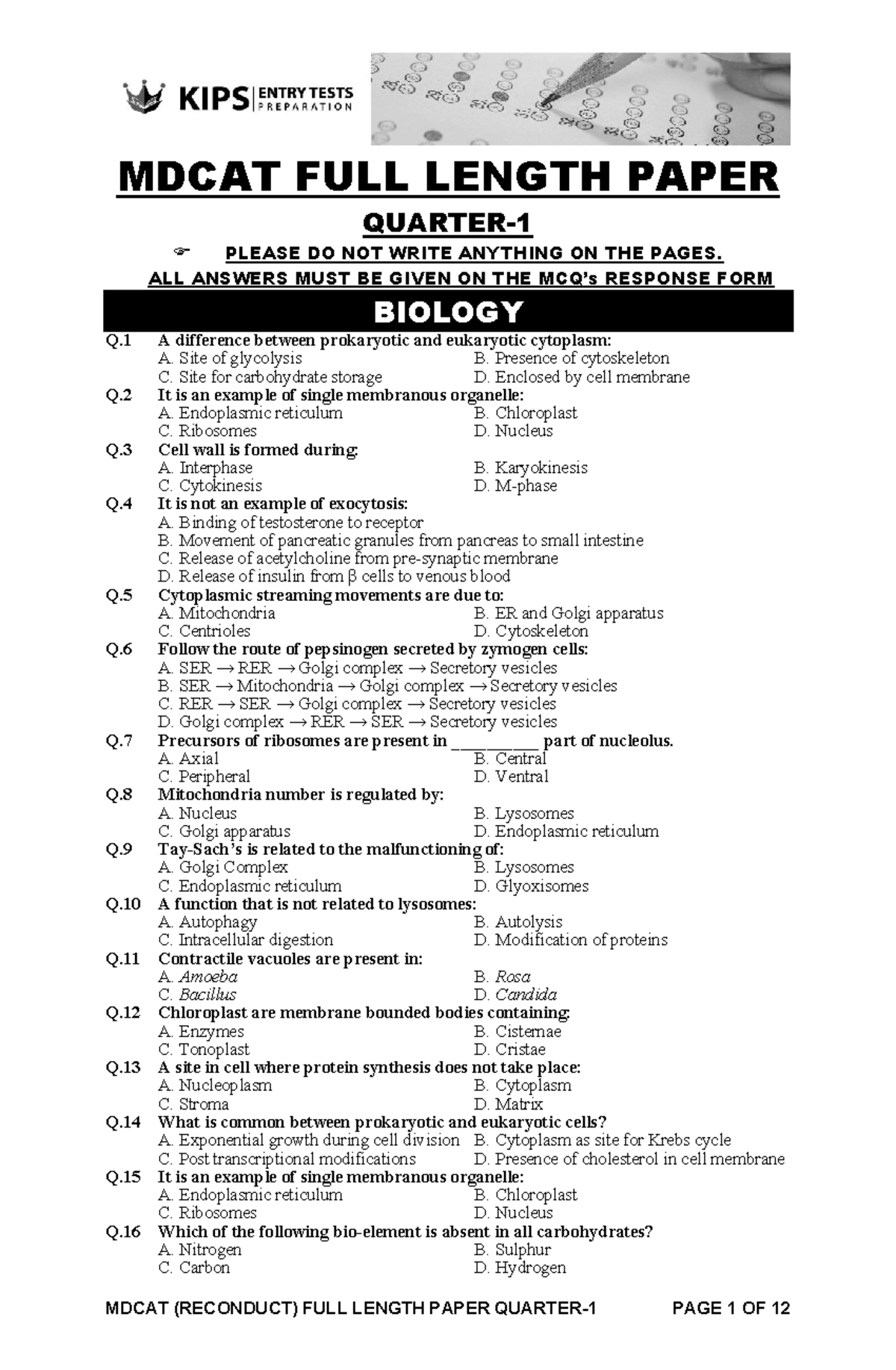 MDCAT (RECONDUCT) FULL LENGTH PAPER - BIOLOGY, CHEMISTRY, PHYSICS ...