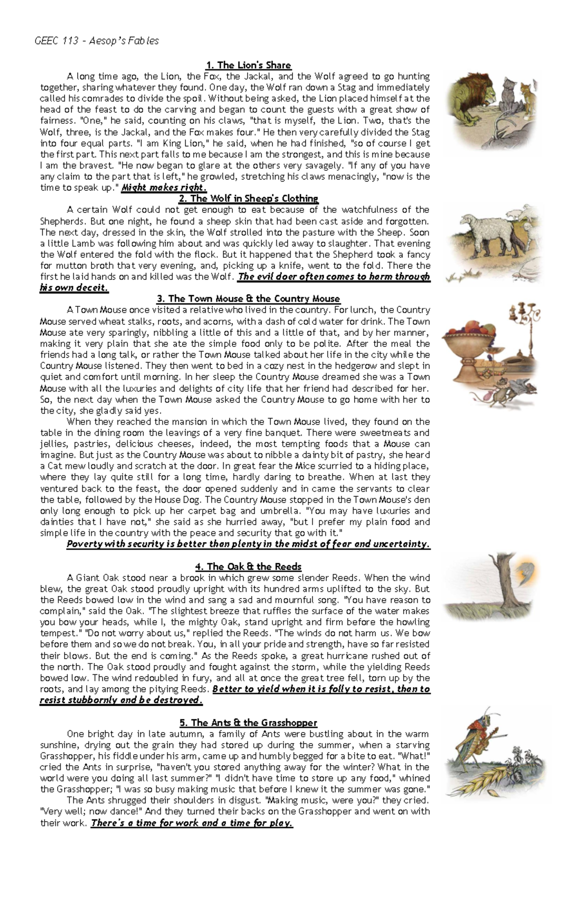 Aesops-Fables-Texts - AESOPS FABLES - GEEC 113 – Aesop’s Fables The ...