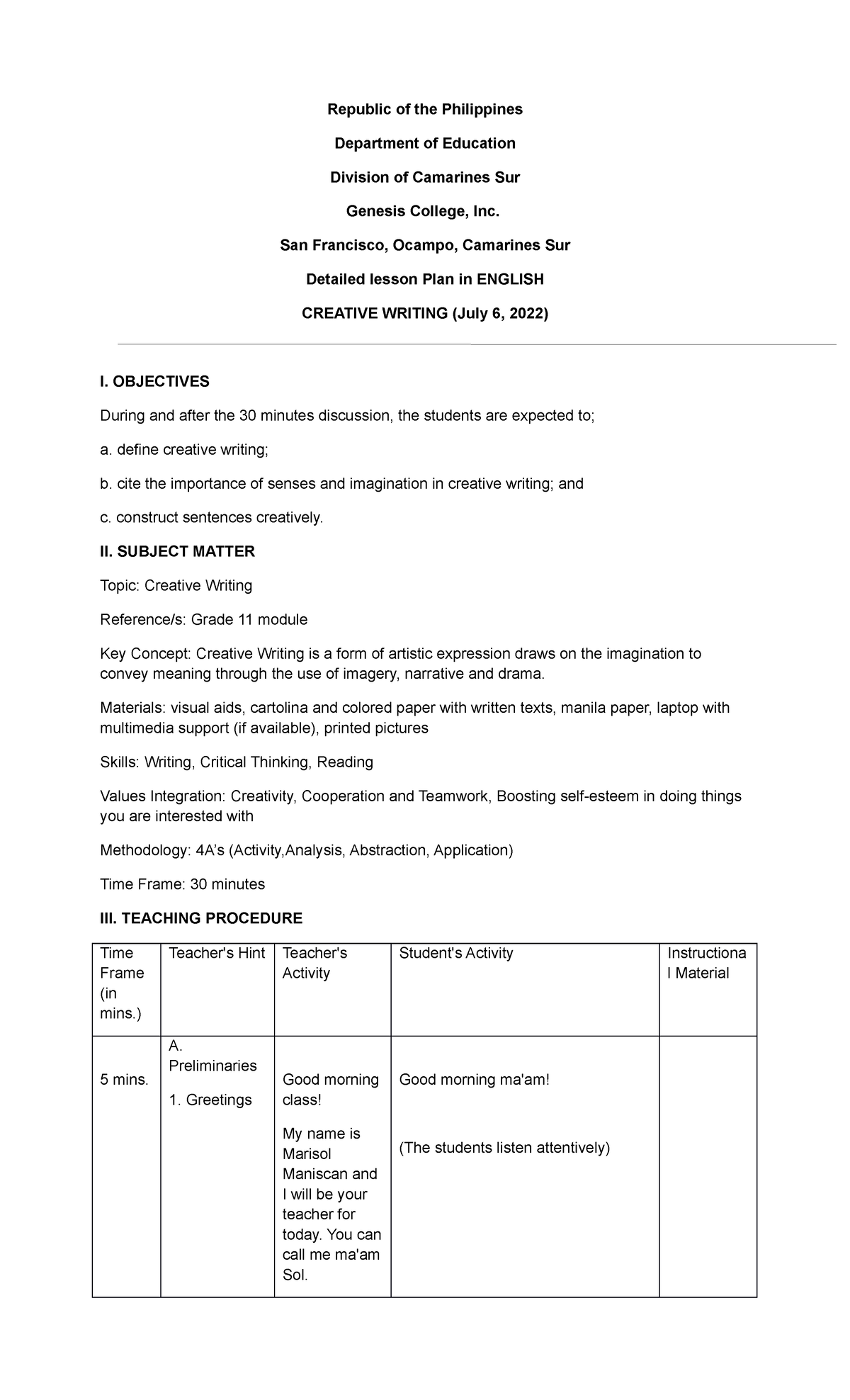 Detailed Lesson Plan in ENGLISH: Creative Writing for Grade 11 - Studocu