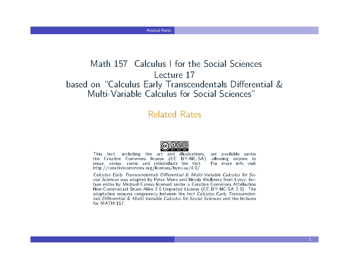MATH 157 Lecture 17: Related Rates in Calculus I for Social Sciences ...