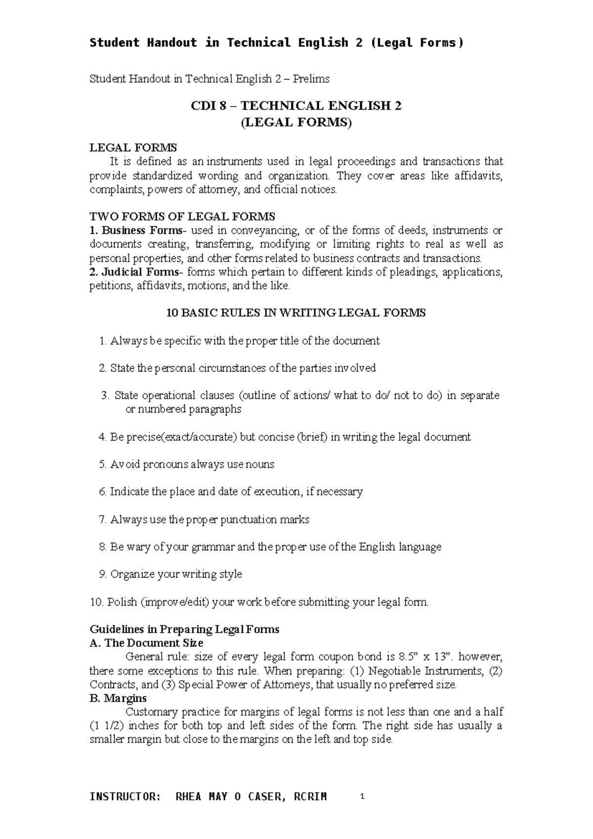 Technical English 2 (CDI 8) Student Handout: Legal Forms Overview - Studocu