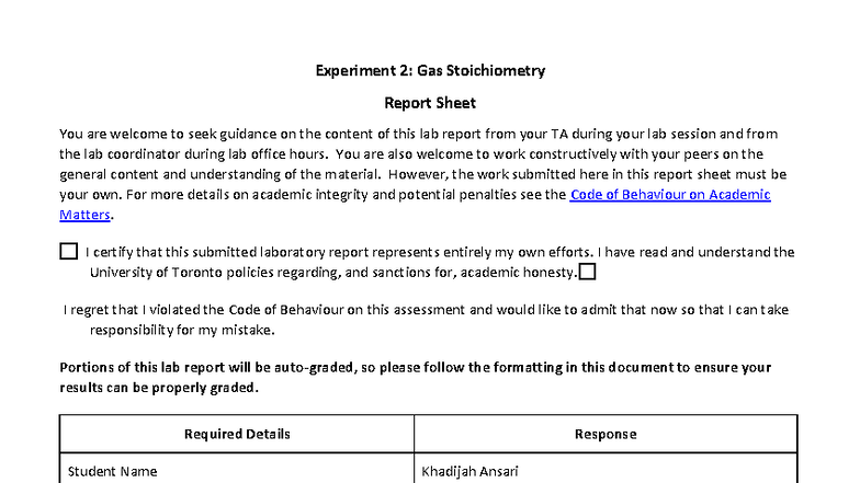 CHM135 Lab 2: Gas Stoichiometry Experiment Report Sheet - Studocu