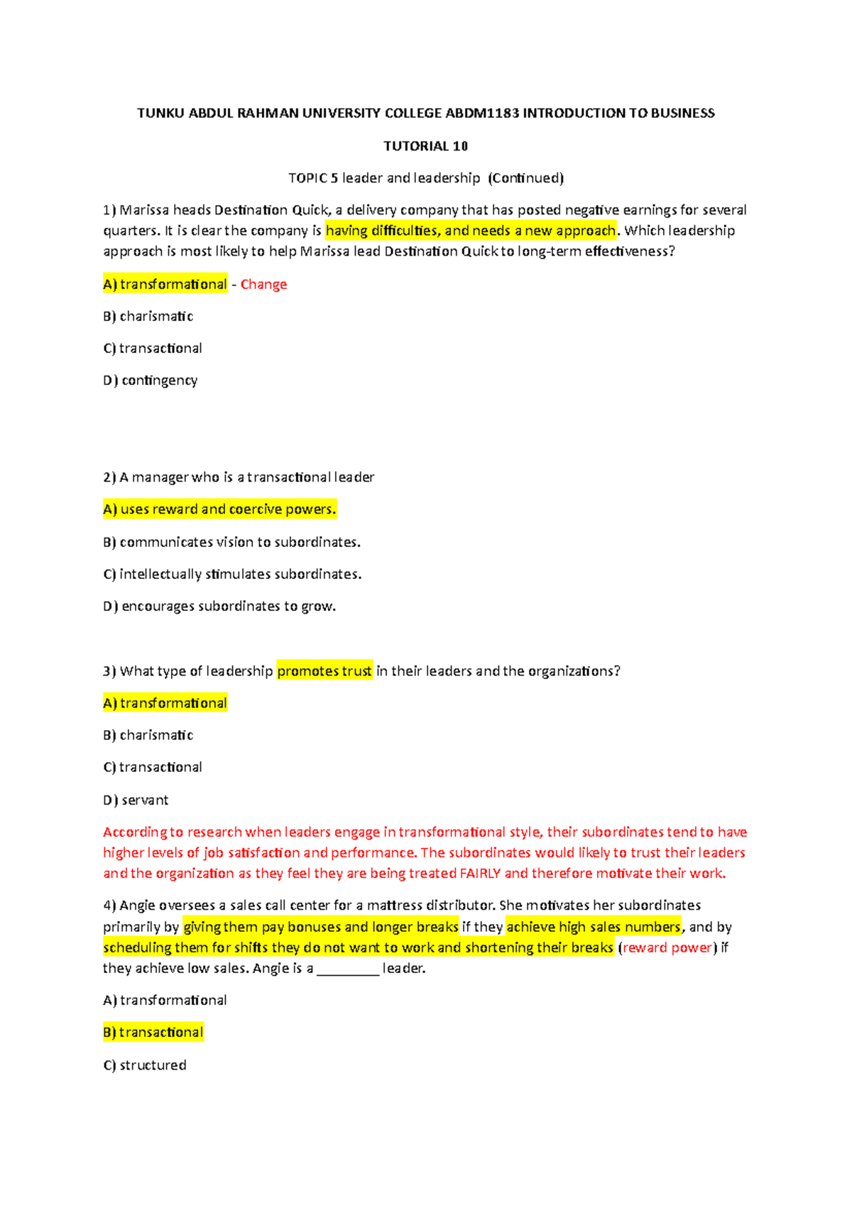 ABDM1183 Tutorial 10: Leadership Approaches and Styles Explained - Studocu