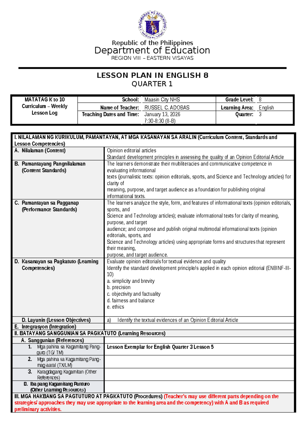 E8 Lesson Plan: Opinion Editorials & Textual Evidence Analysis - Studocu