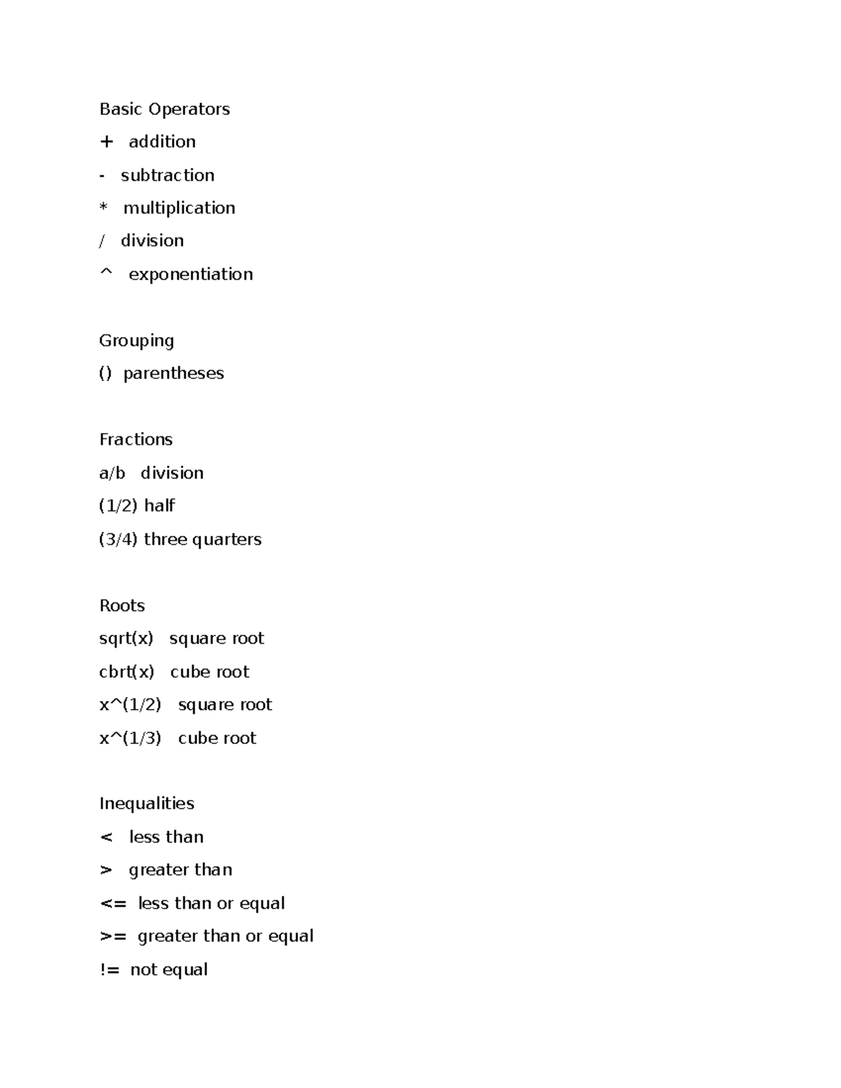 Notes - math syntax - Basic Operators addition subtraction ...