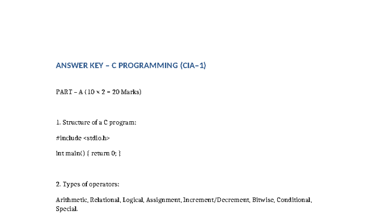 C Programming Answer Key (10 2 20 Marks) - Part A & B - Studocu