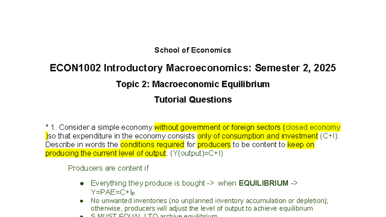 Econ1002 - Macroeconomic Equilibrium Tutorial Questions and Notes - Studocu